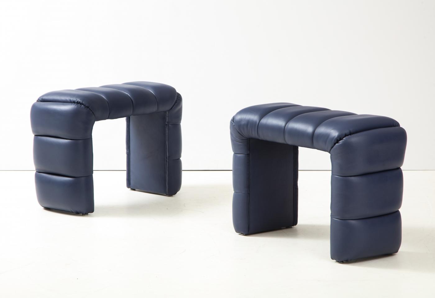 SINGLE Custom Channel Tufted Blue Leather Stool