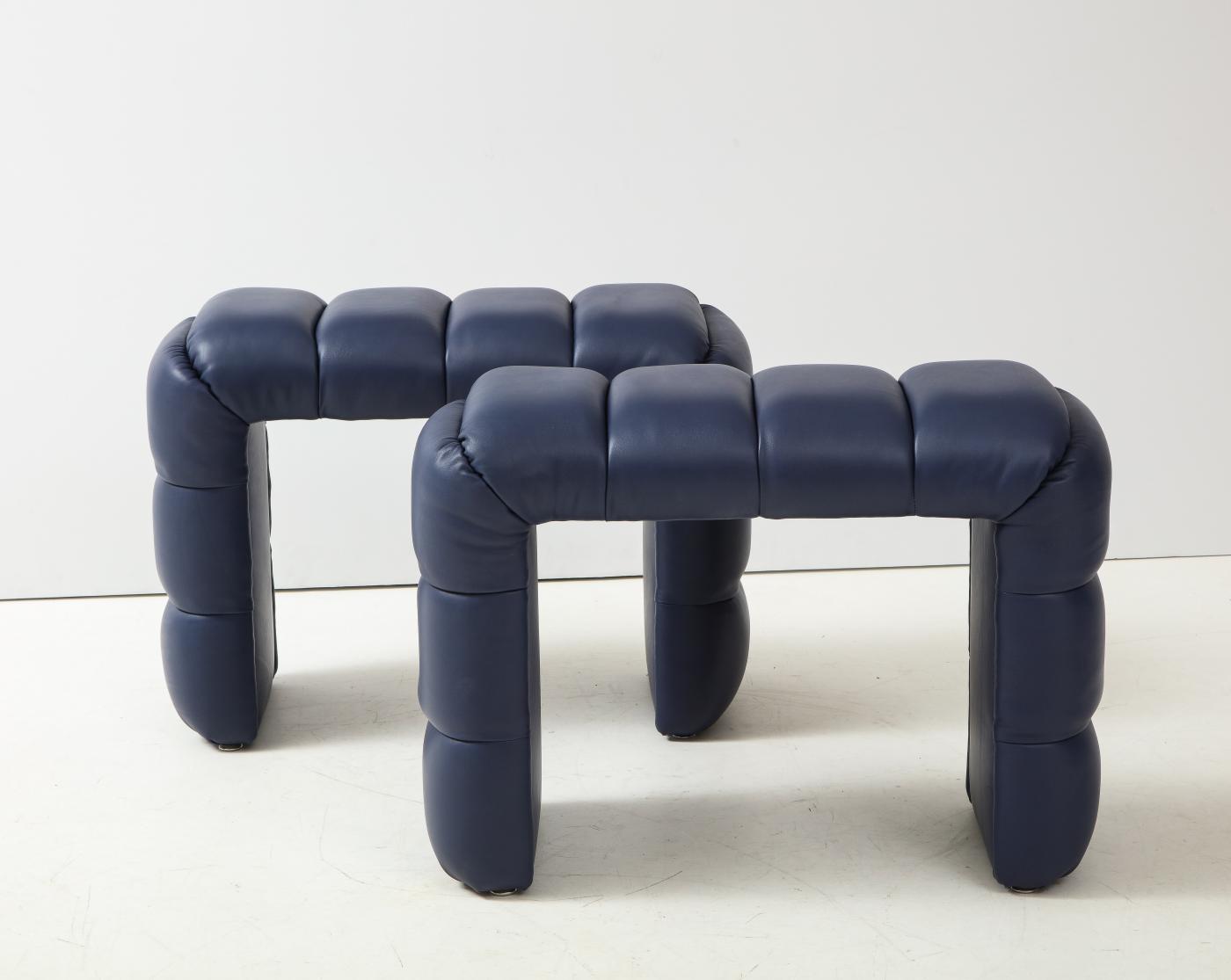 SINGLE Custom Channel Tufted Blue Leather Stool