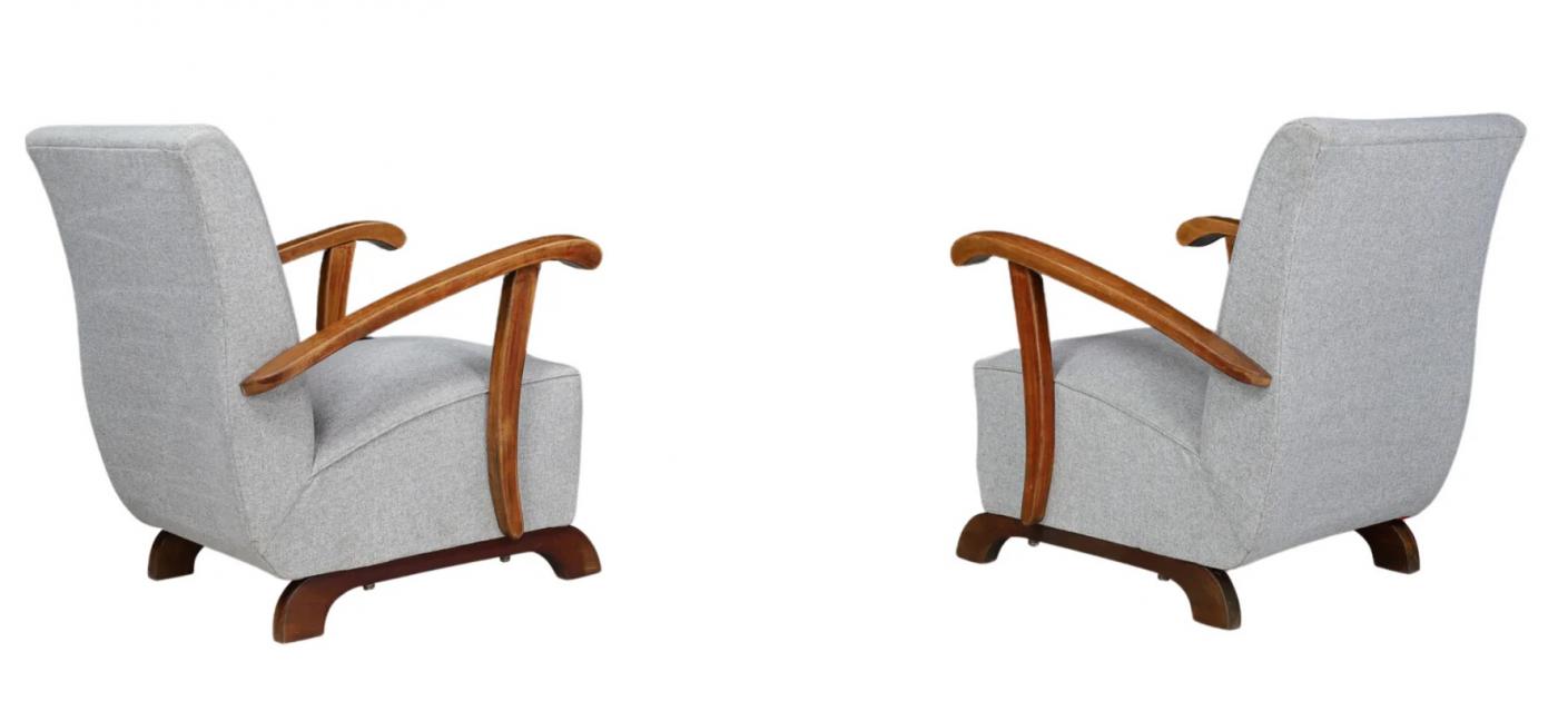 Pair of Czech 1930s upholstered scroll-arm armchairs