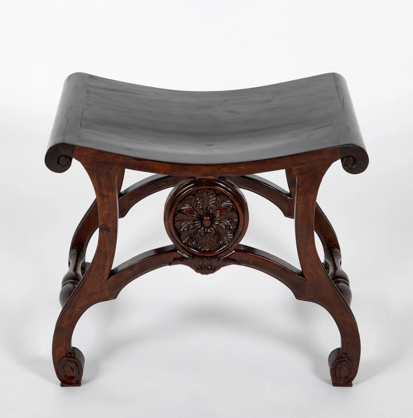 Pair of English Chippendale Style Mahogany Saddle Seat Scroll Leg Stools