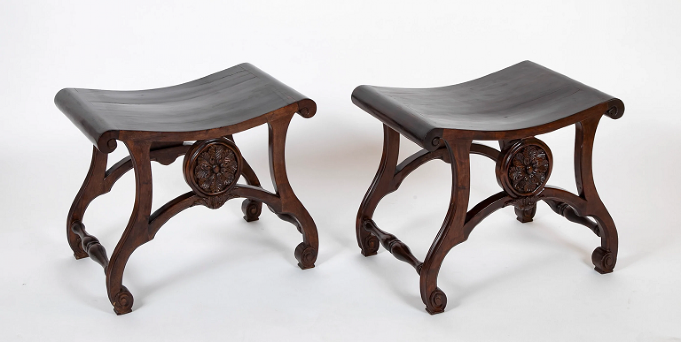 Pair of English Chippendale Style Mahogany Saddle Seat Scroll Leg Stools