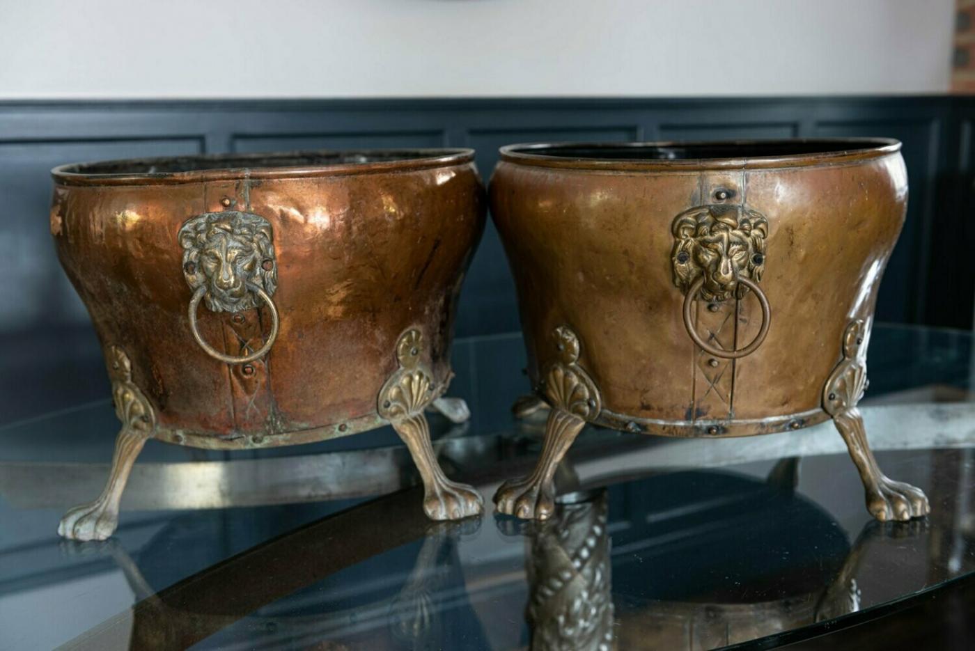 Pair of English Late 19th Century Copper & Brass Lion Paw Coal Buckets ...