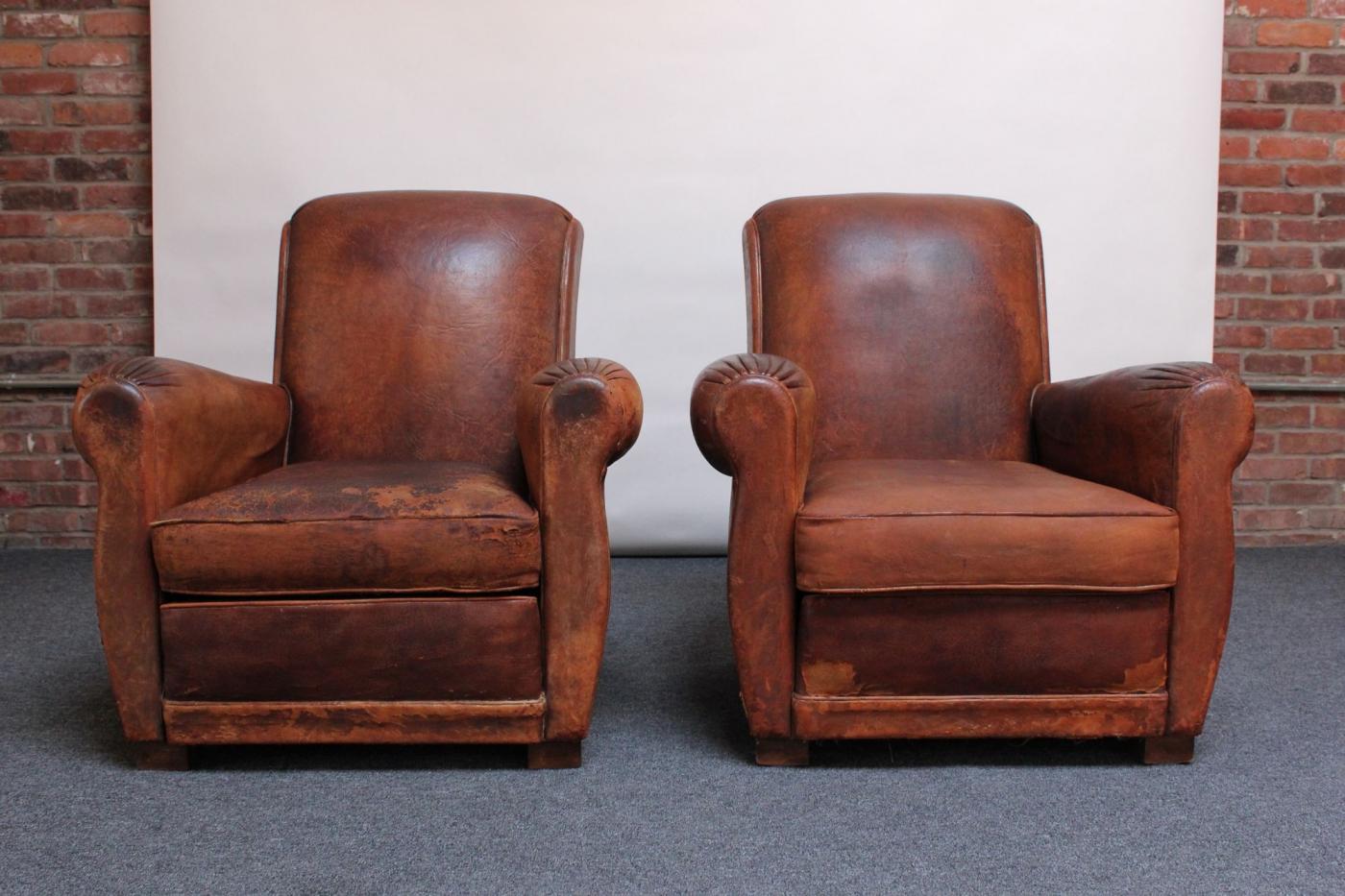 Pair of French Deco Leather 'Roll Back' Club Chairs