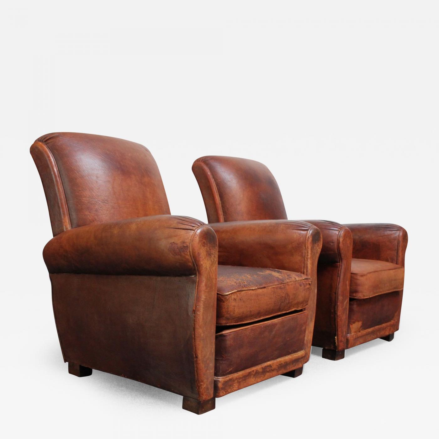 Pair of French Deco Leather 'Roll Back' Club Chairs