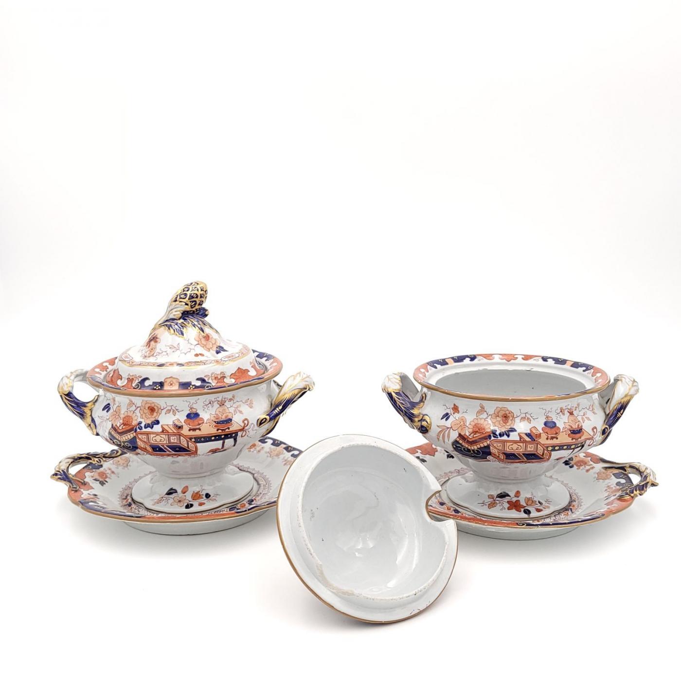 Pair of Ironstone Sauce Tureens, "Chusan" Pattern, England circa 1850