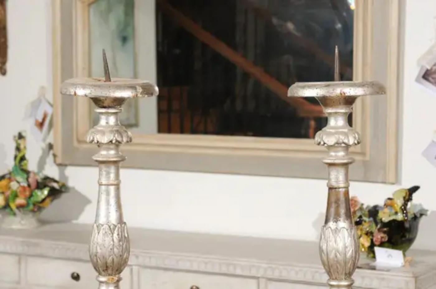 Pair of Italian 18th Century Silver Candlesticks with Gilt Star and ...