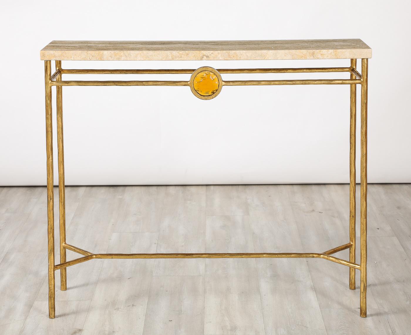Pair of Italian 1970's Gilded Iron and Travertine Console Tables