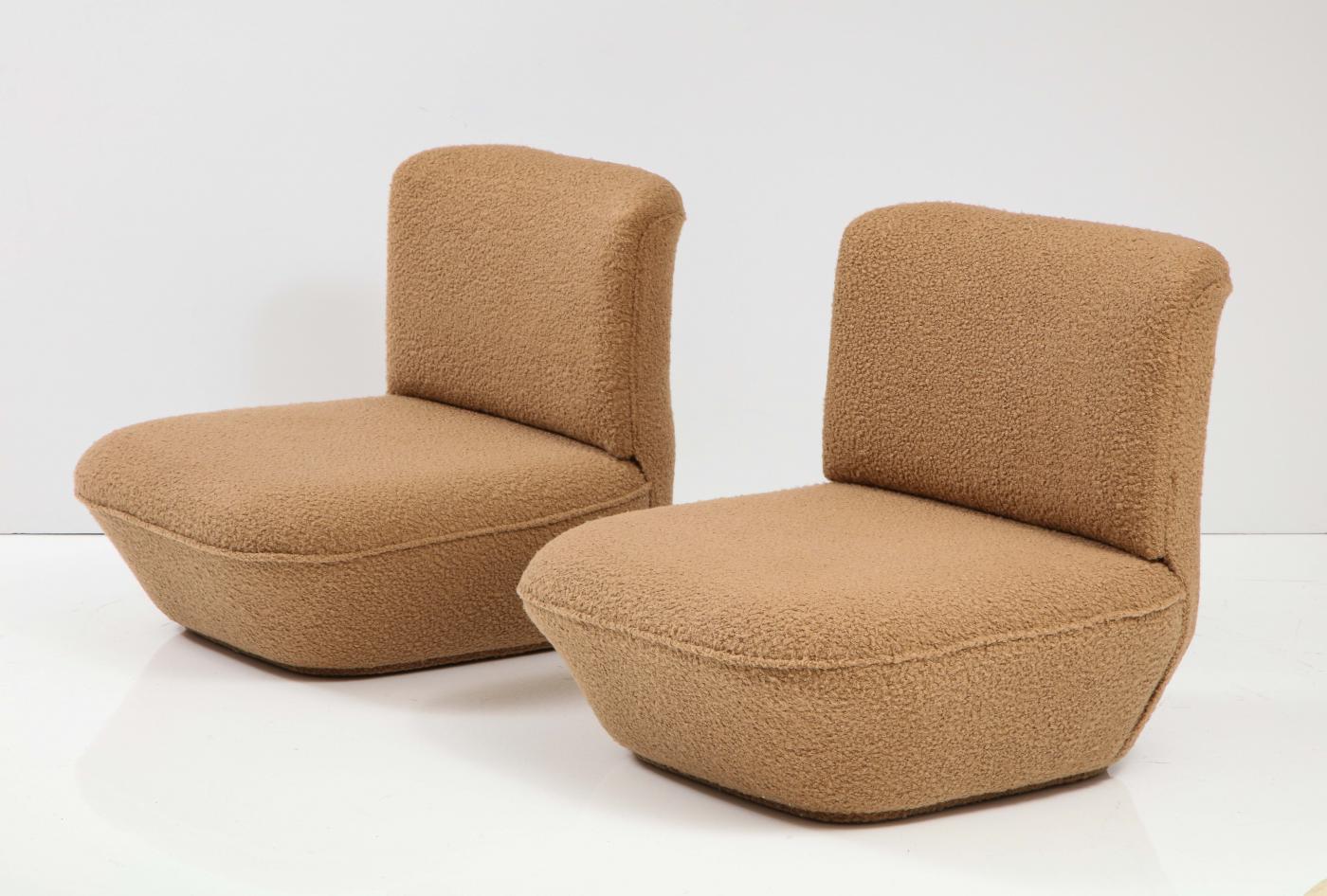 Pair of Italian 1970's Low Slung Camel Boucle Lounge Chairs