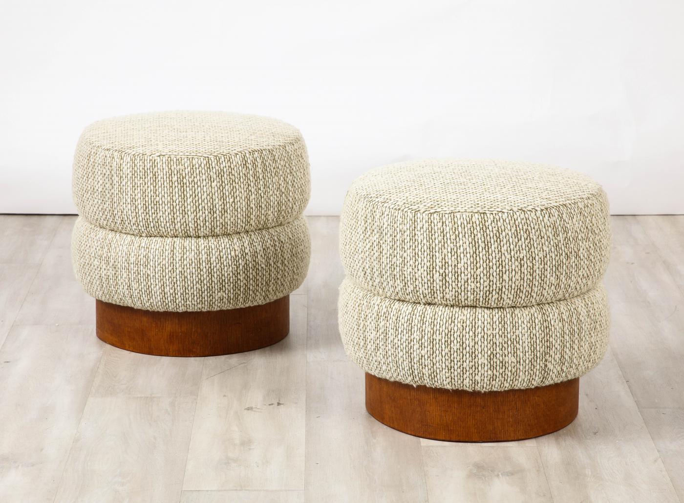 Pair of Italian Art Deco Upholstered Circular Wood Stools, circa 1940