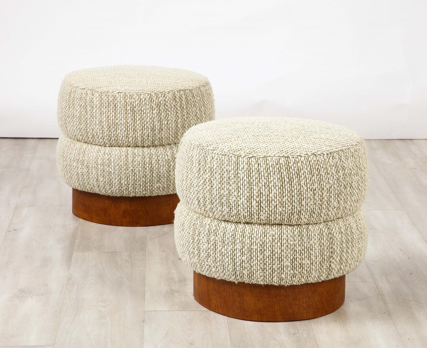 Pair of Italian Art Deco Upholstered Circular Wood Stools, circa 1940