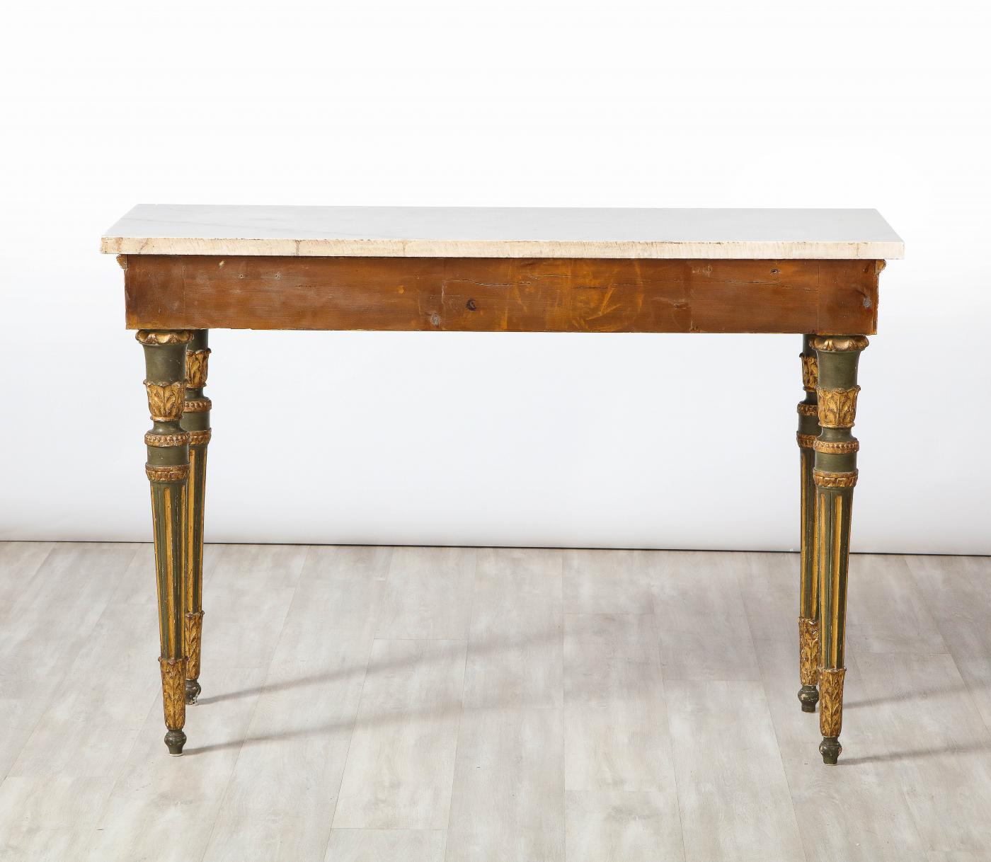 Pair of Italian Neoclassical Carved, Painted and Gilded Console Tables