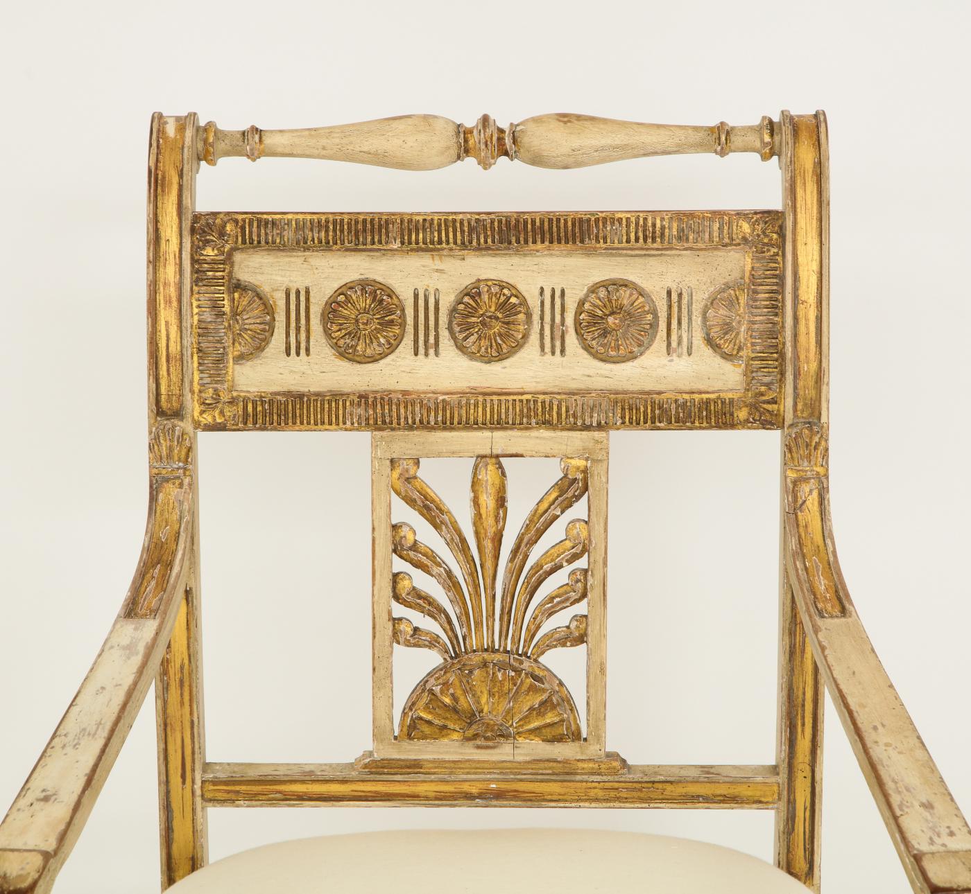 Pair of Italian Neoclassical Painted and Gilded Arm Chairs
