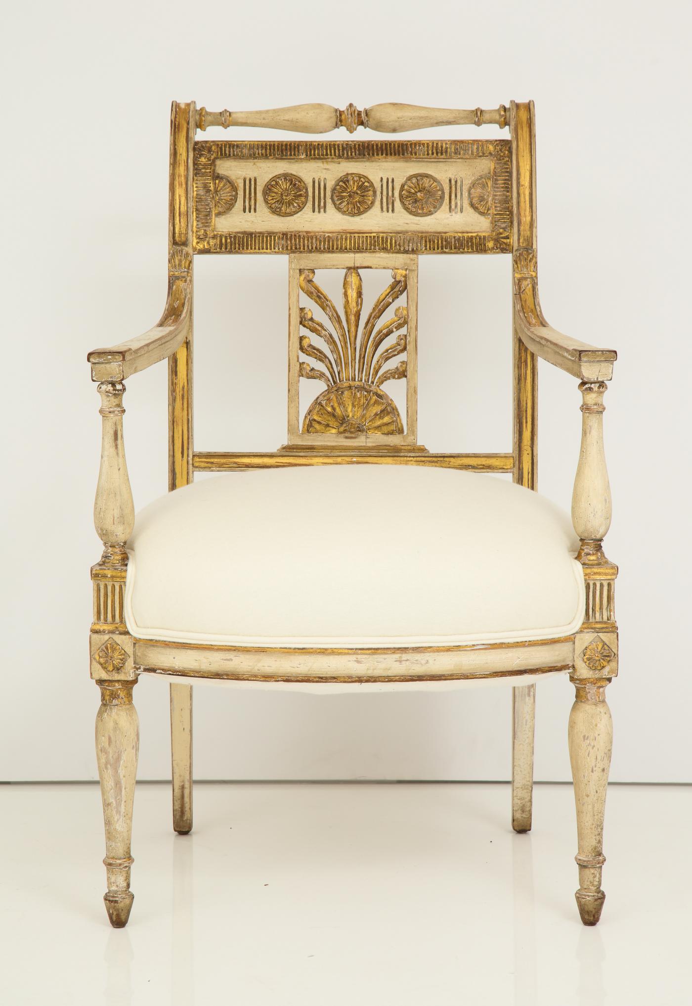 Pair of Italian Neoclassical Painted and Gilded Arm Chairs