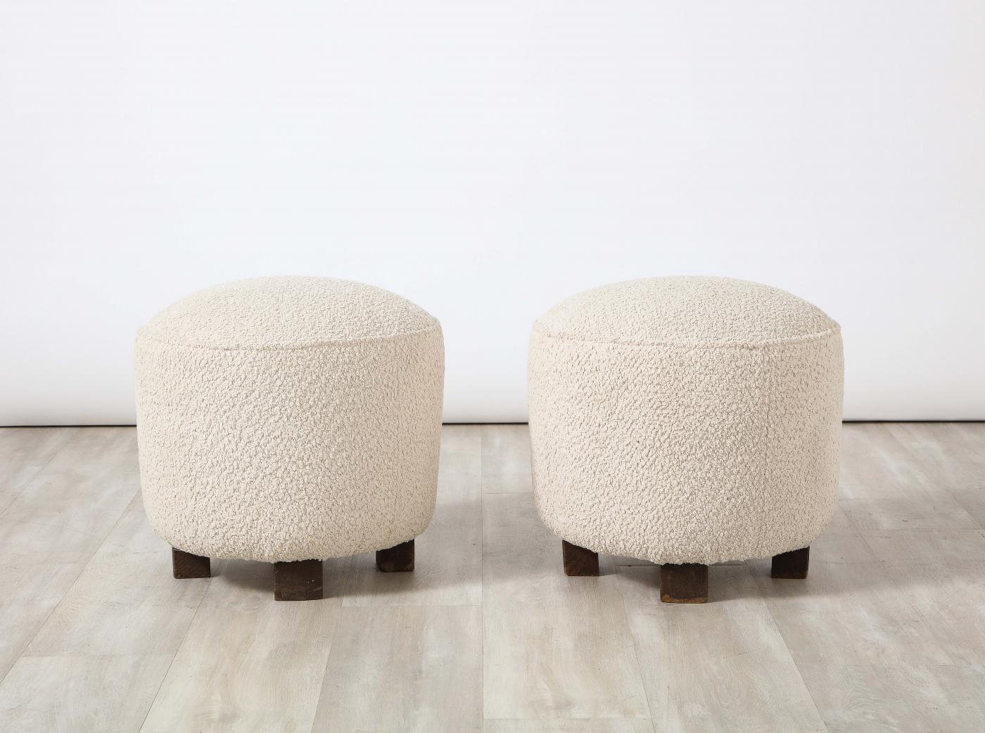 Pair of Italian Organic Modern Boucle Stools with Wood Feet