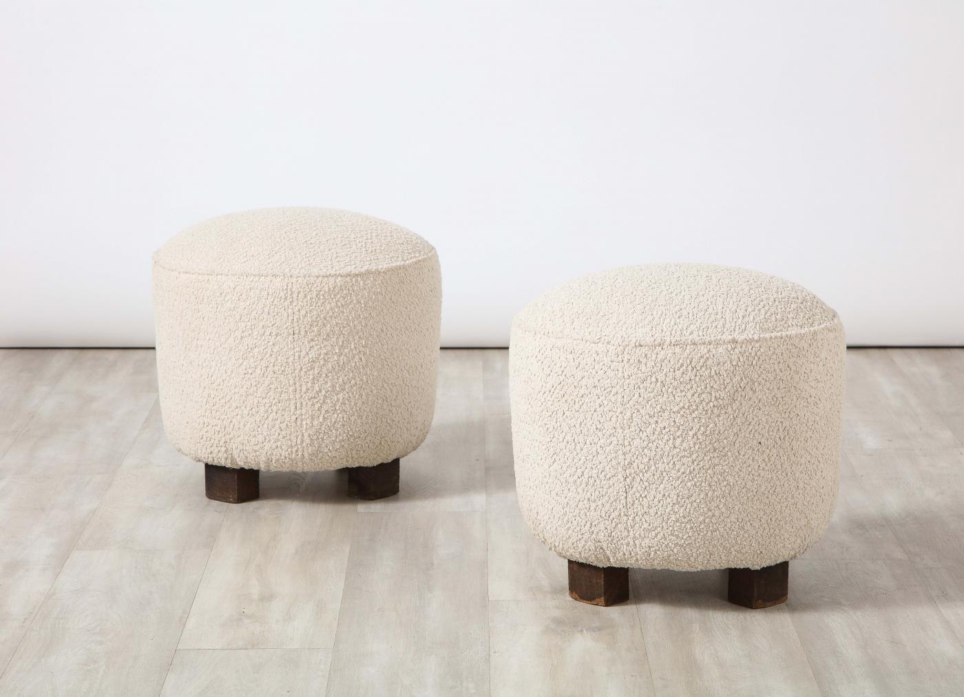 Pair of Italian Organic Modern Boucle Stools with Wood Feet
