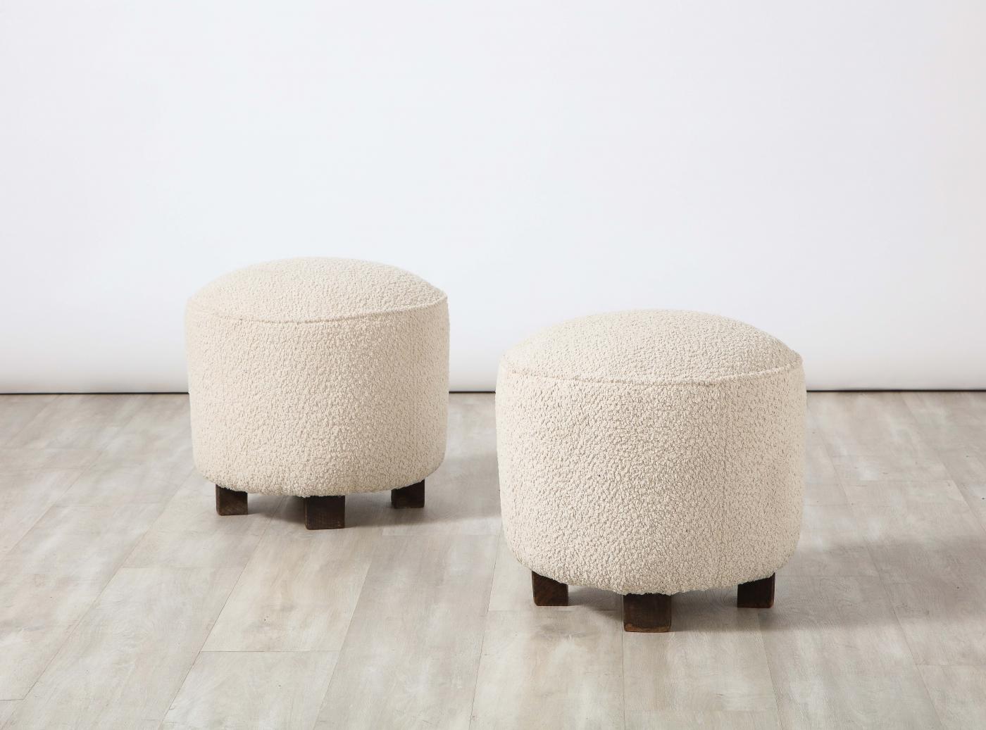 Pair of Italian Organic Modern Boucle Stools with Wood Feet