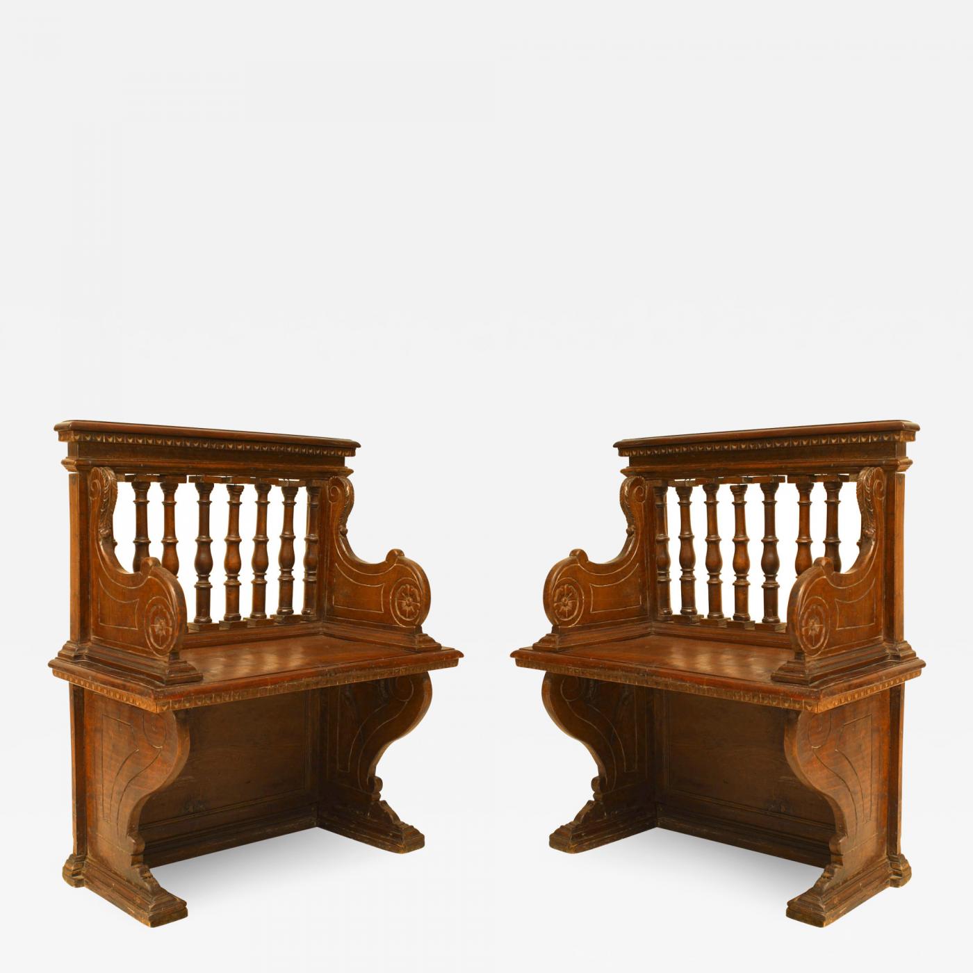 Pair of Italian Renaissance Walnut Column Back Benches