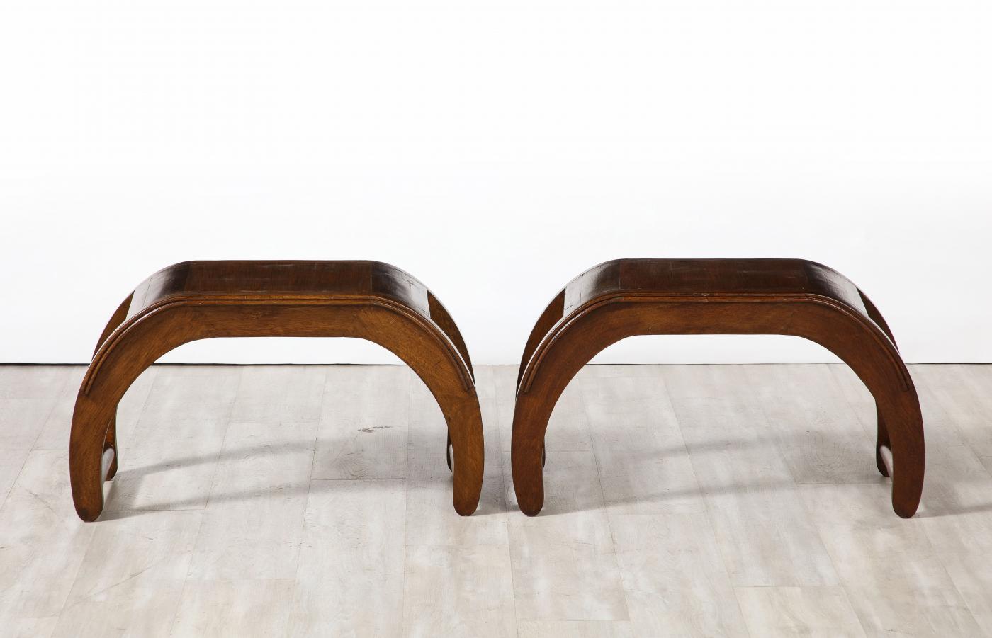 Pair of Italian Walnut Elliptical Shaped Benches