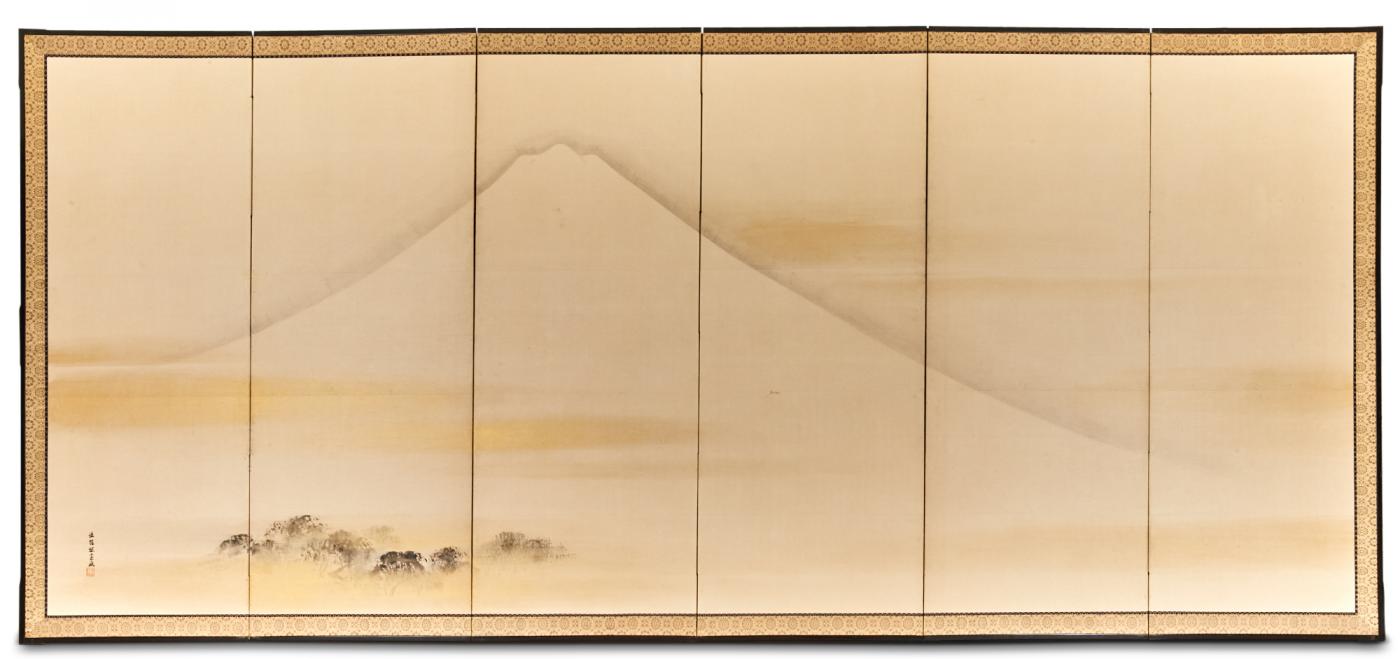 Pair of Japanese Six Panel Screens: Mt. Fuji and Countryside