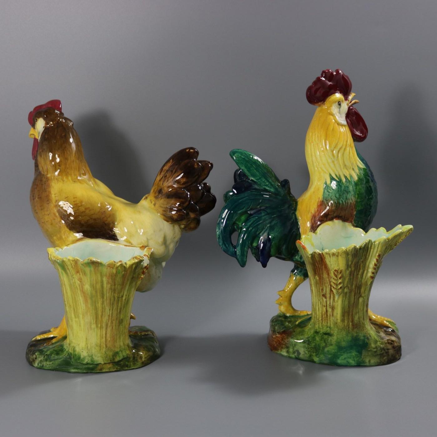 Pair of Jerome Massier Hen & Rooster Vases
