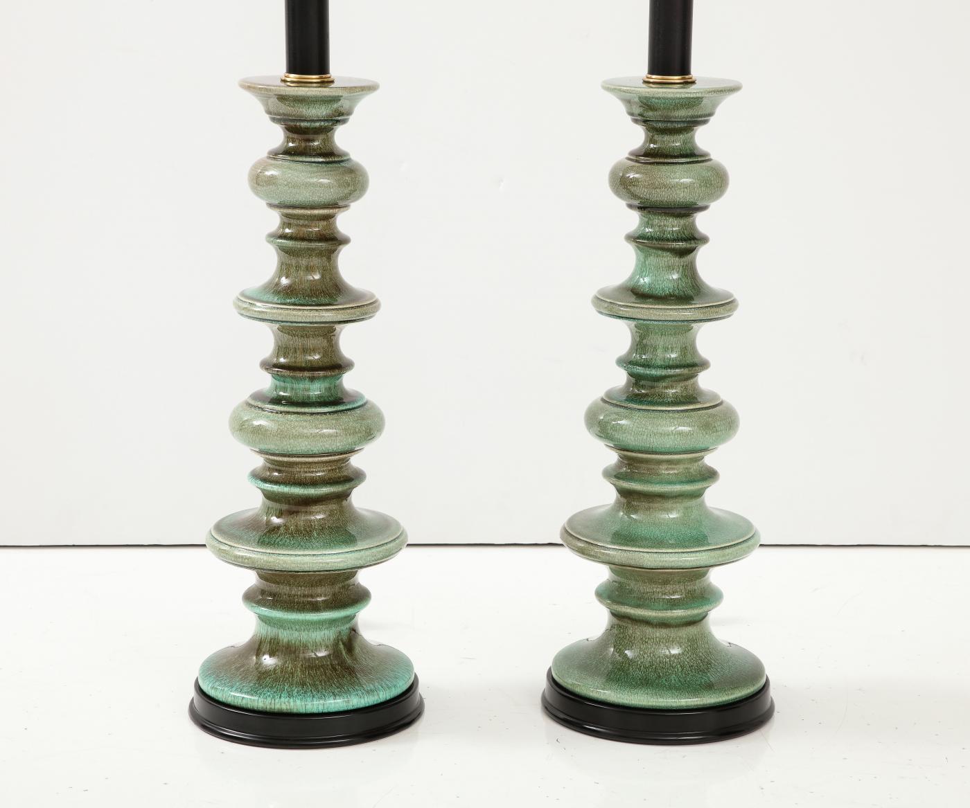 Pair of Large Ceramic Lamps with a Jade Green Crackle Glaze