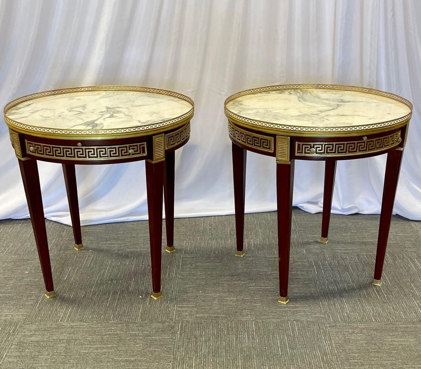 Pair of Marble Top Greek Key Bouillotte or End Tables, Manner of Maison ...