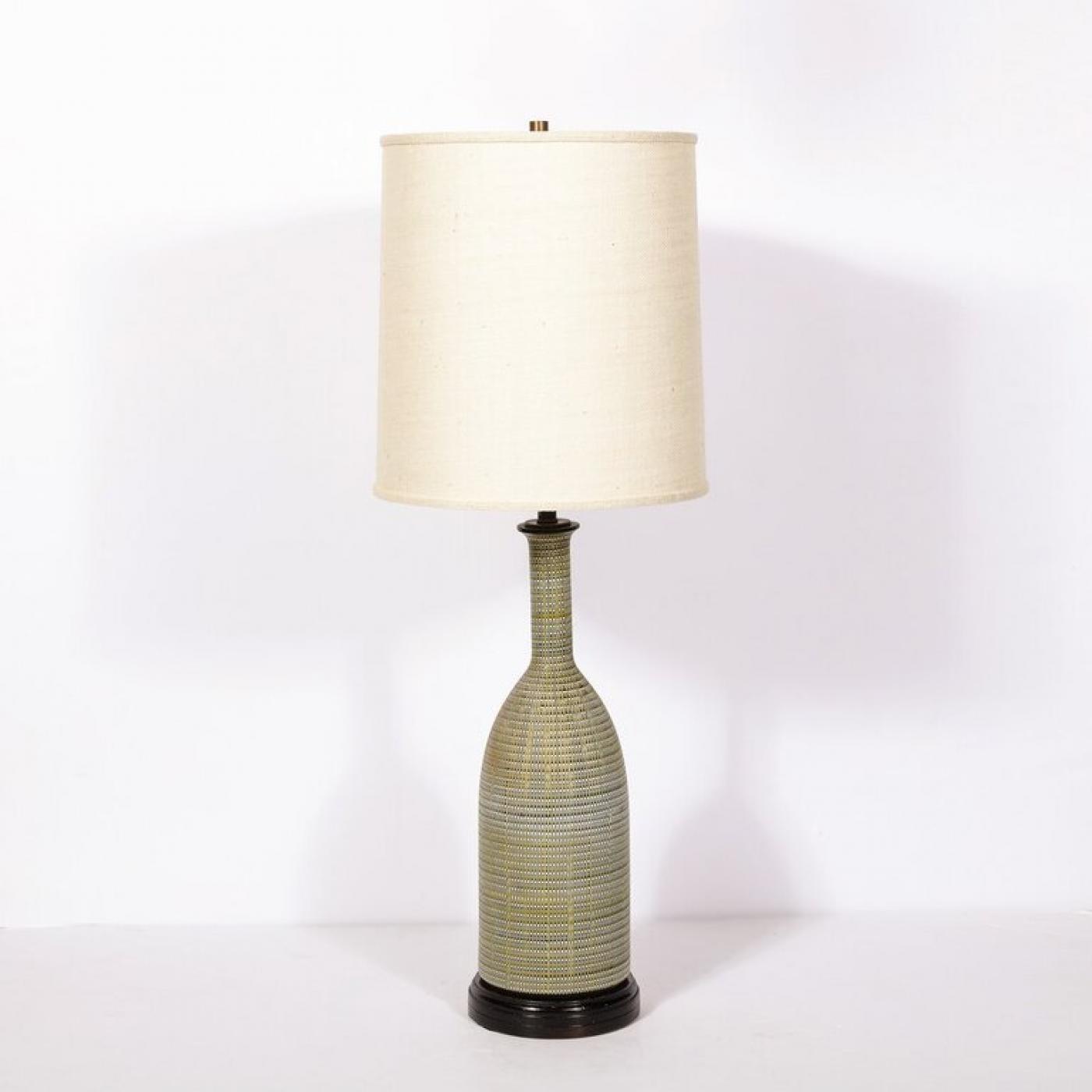 Pair of Mid Century Modernist Olive Green Glazed Ceramic Table Lamps