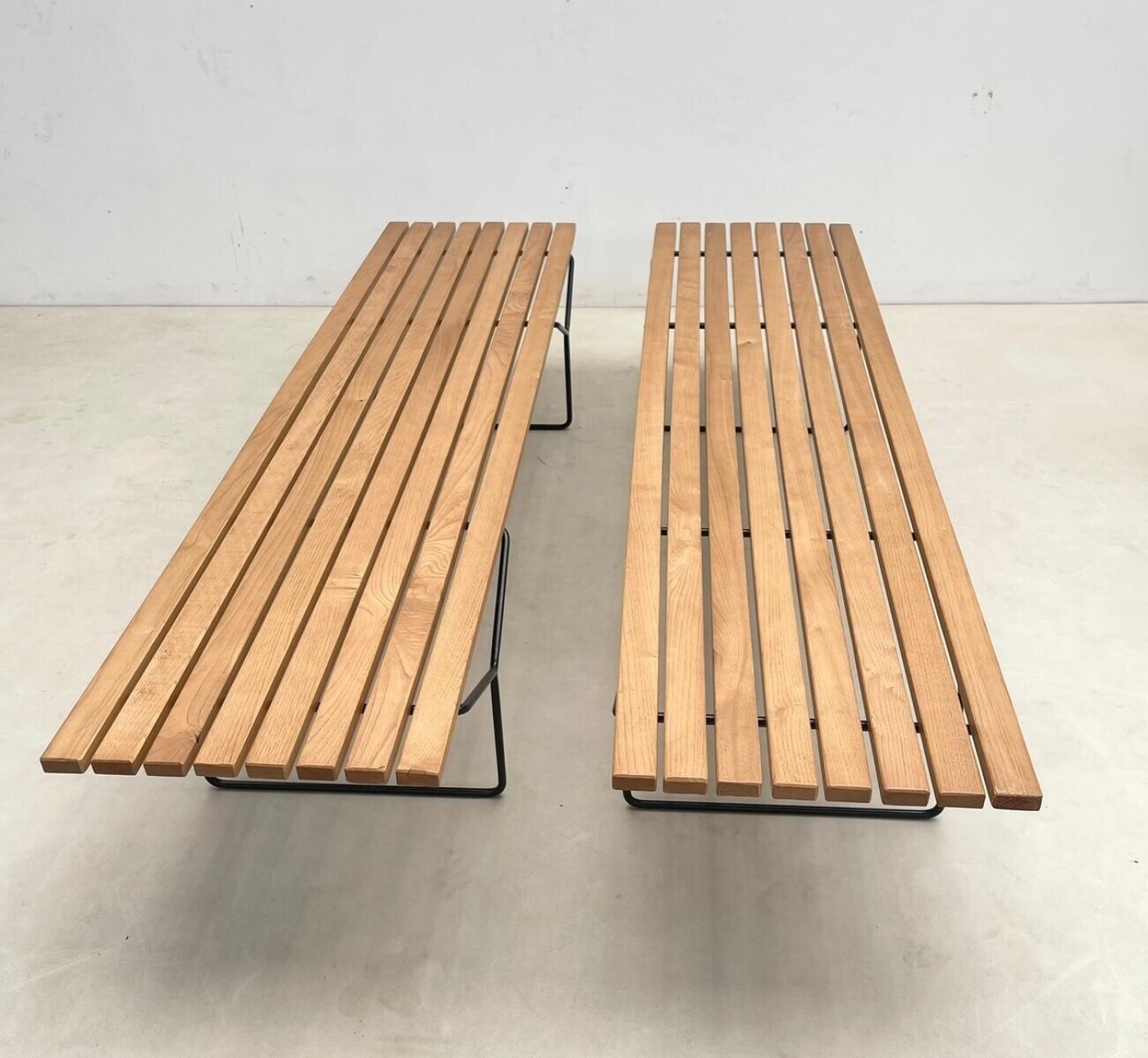 Pair of Mid Century Wooden Slatted Benches
