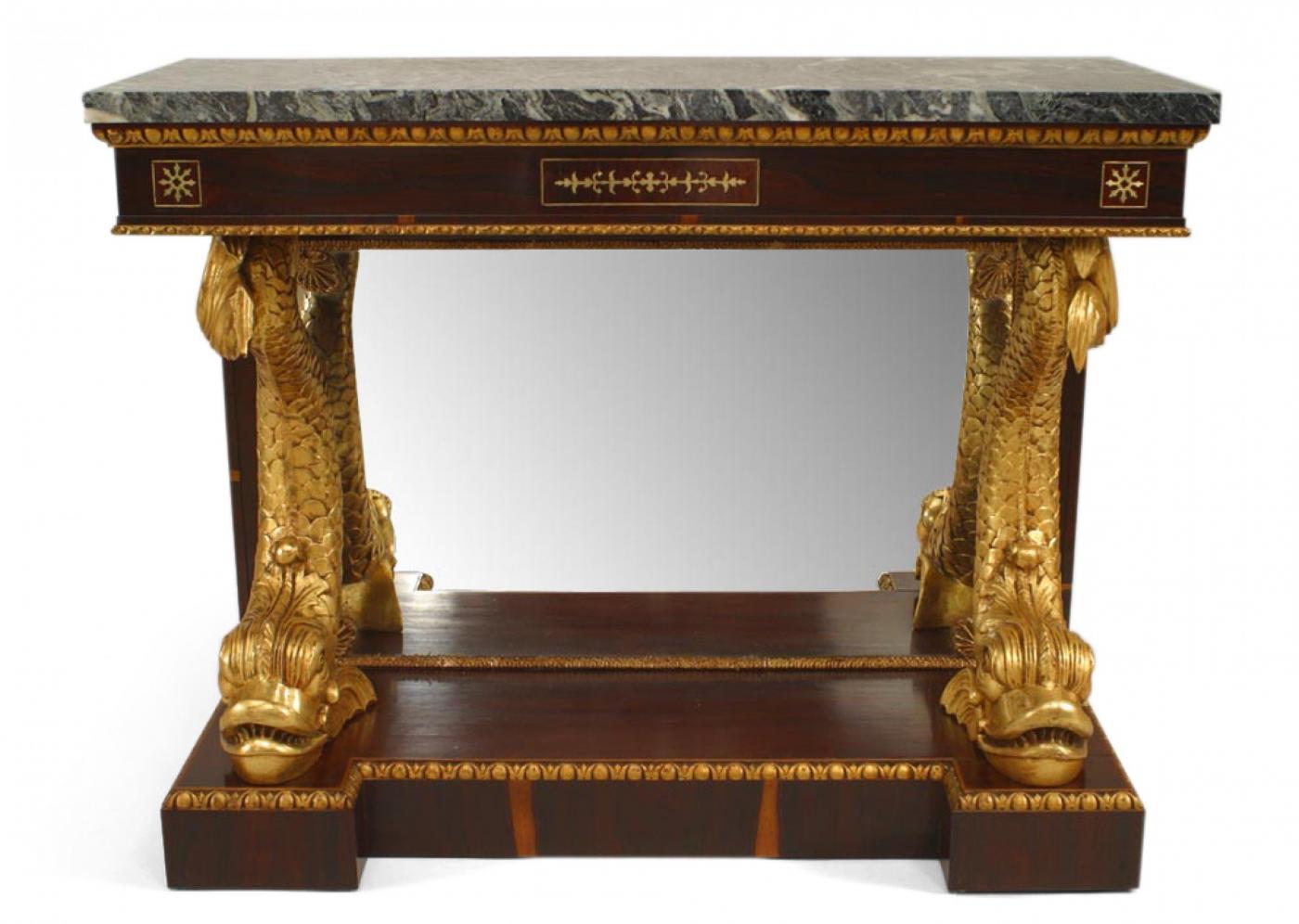 Pair of Pair of English Regency Rosewood Gilt Dolphin Console Table
