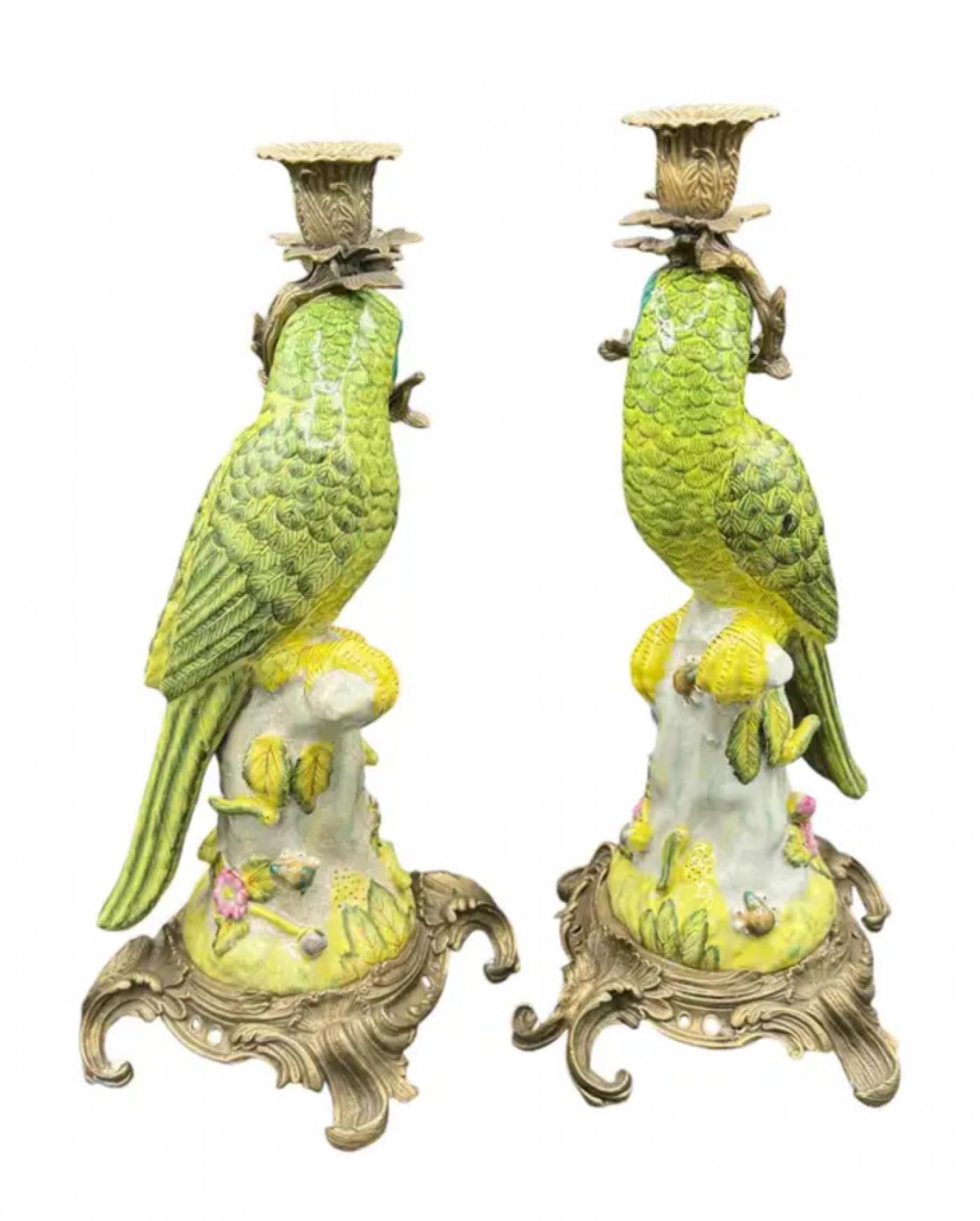 Pair of Porcelain Parrots Candle Holders