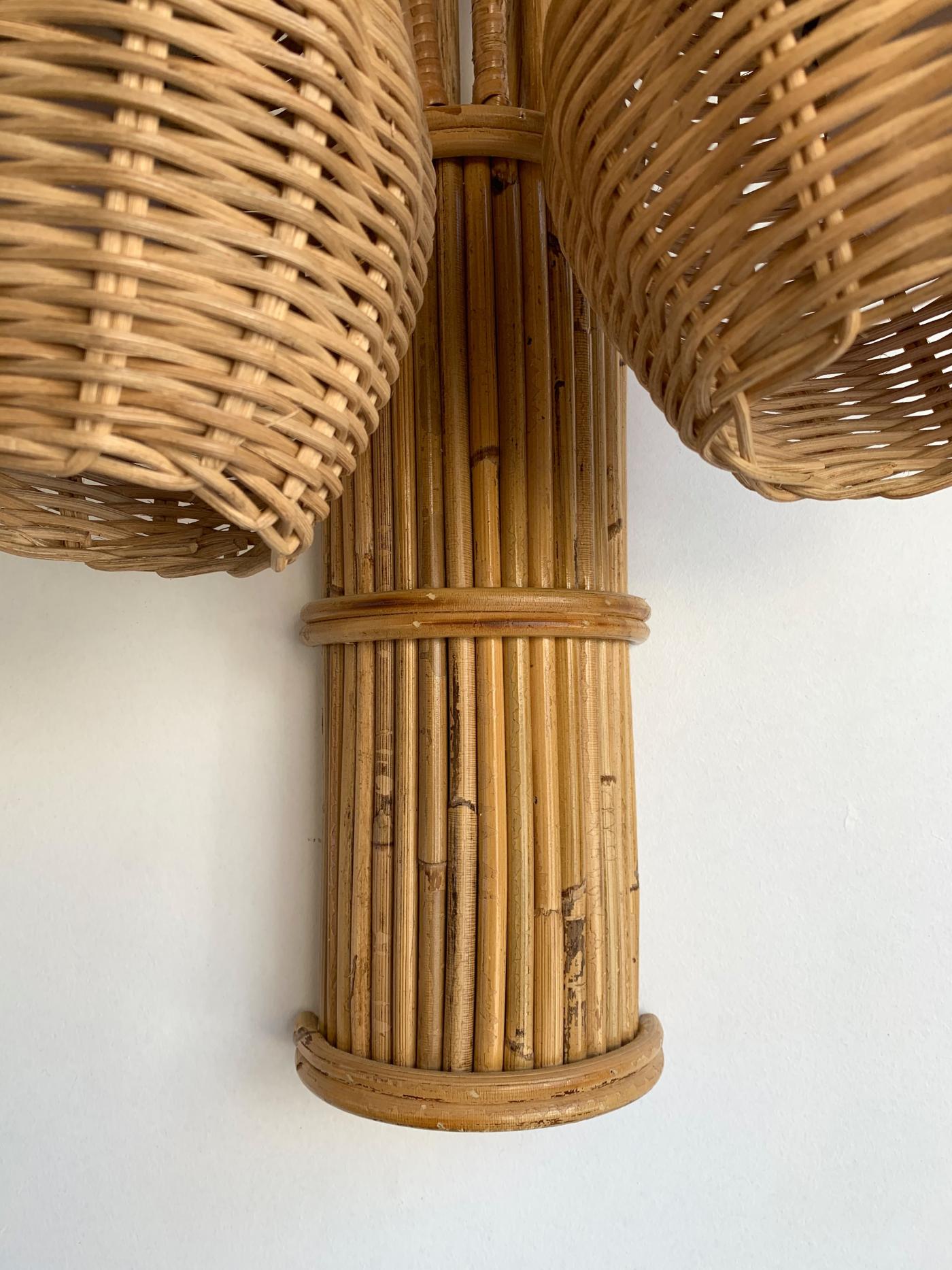 Pair of Rattan Palm Tree Sconces, France, 1980s