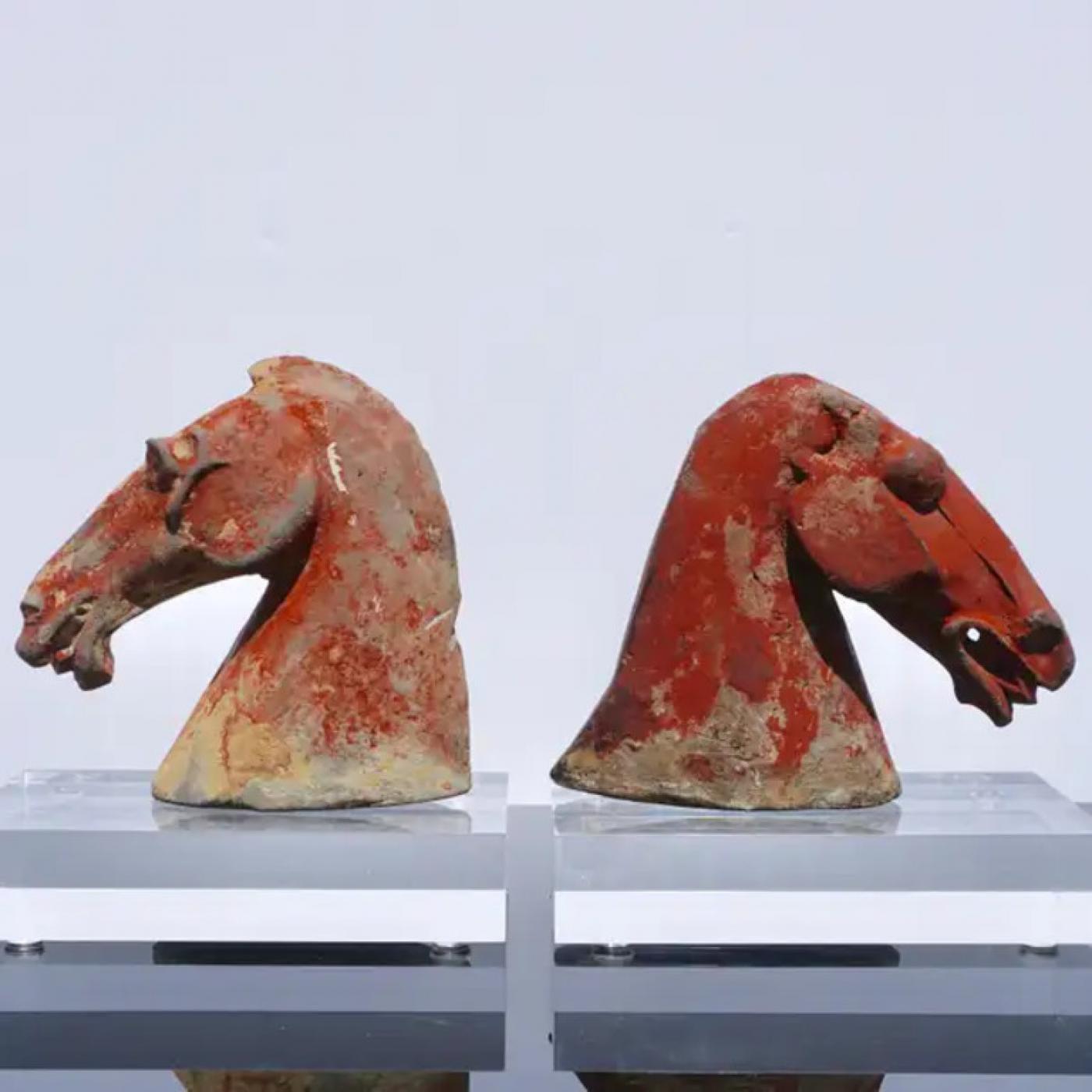 Pair of Red Han Dynasty Gray Pottery Horse Heads '206BC-220AD'