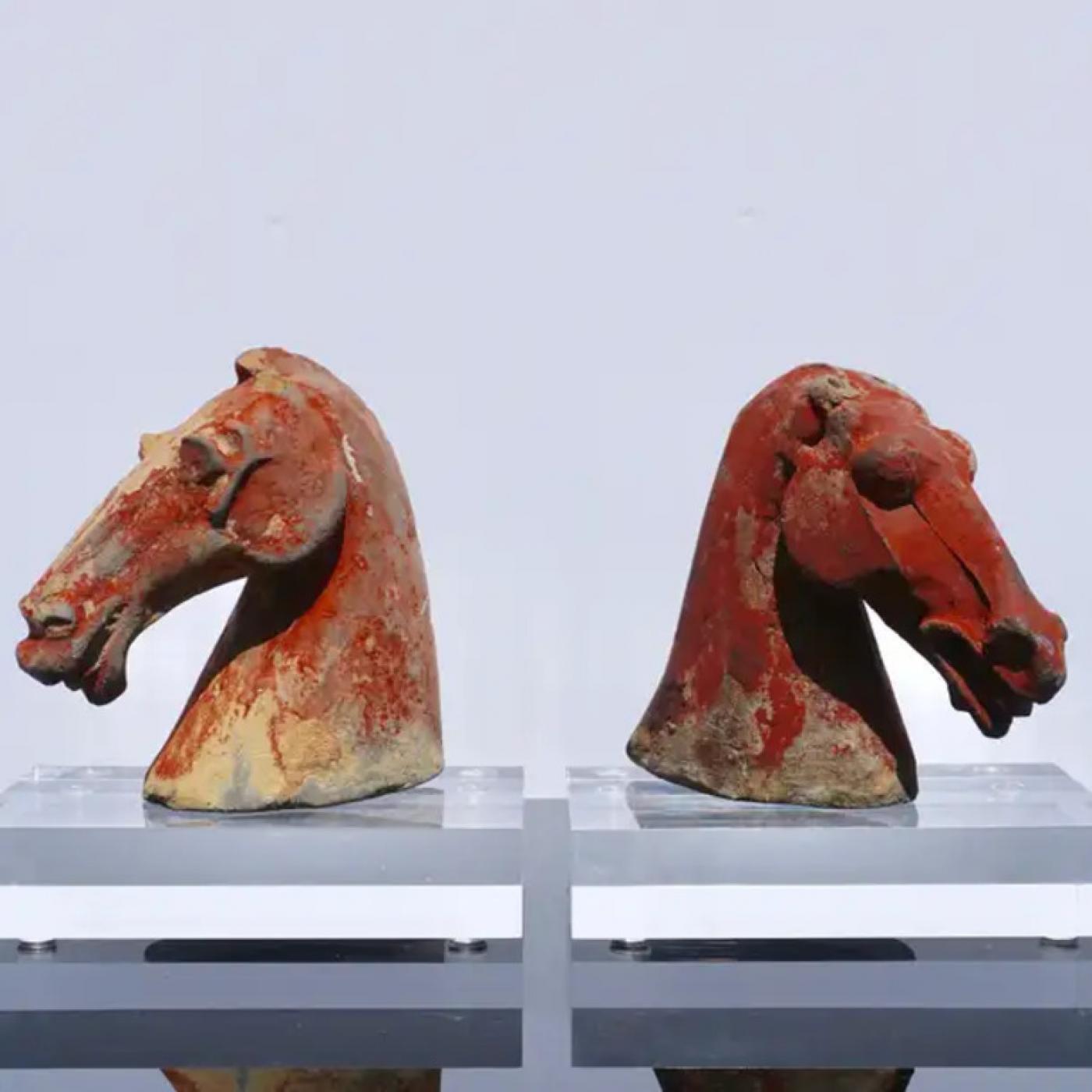 Pair of Red Han Dynasty Gray Pottery Horse Heads '206BC-220AD'