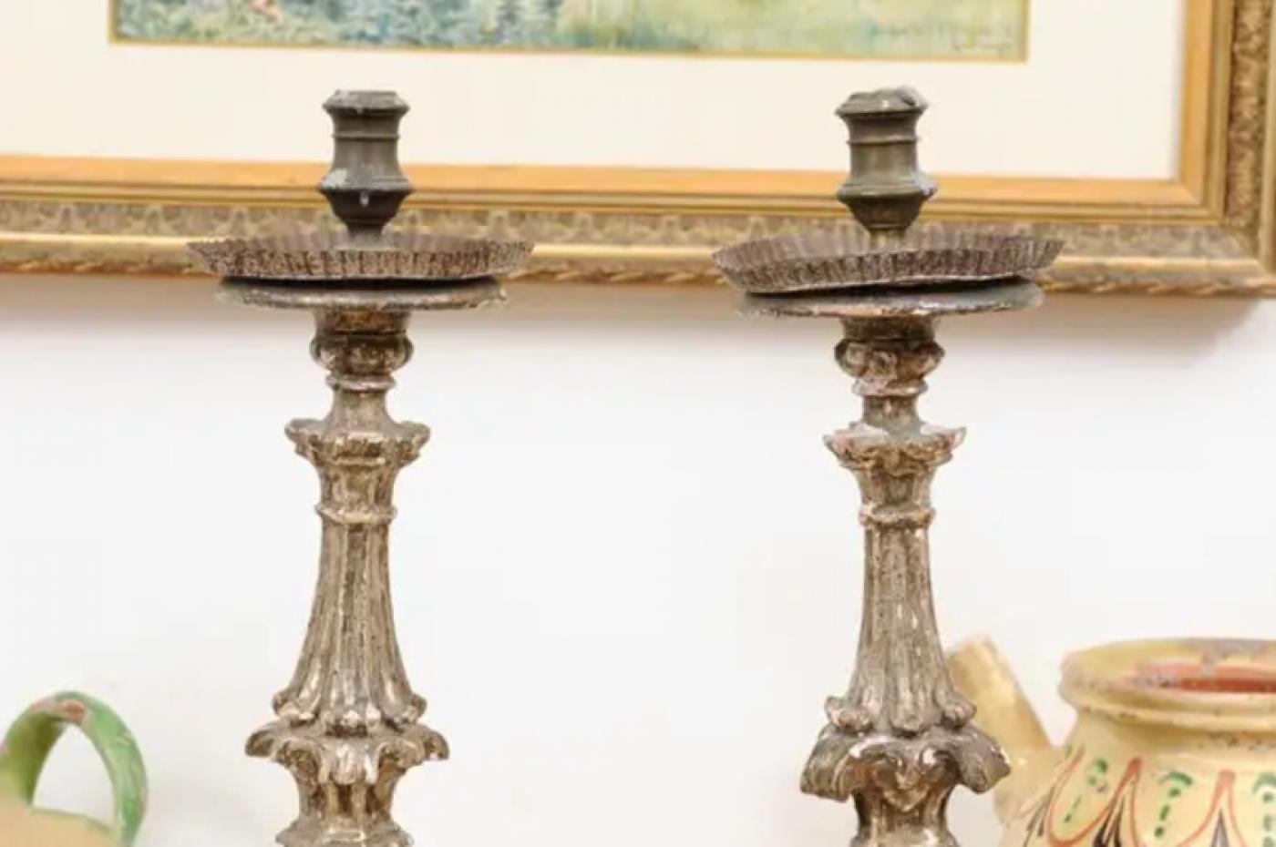 Pair of Rococo Period 18th Century Italian Painted and Carved Candlesticks