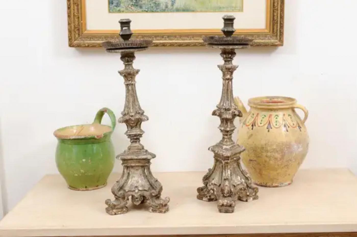 Pair of Rococo Period 18th Century Italian Painted and Carved Candlesticks