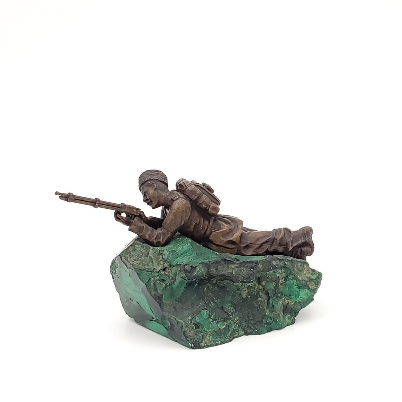 Pair of Russian Bronze Soldiers Mounted on Malachite, Early 20th Century