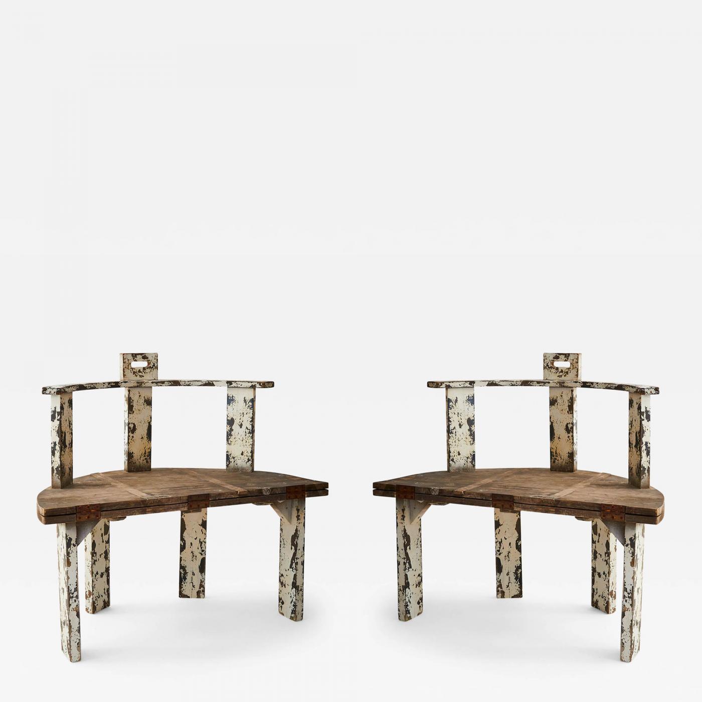 Pair of Rustic White Painted Pine Metamorphic Benches