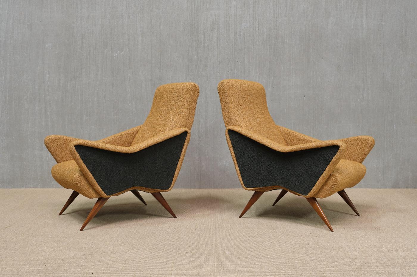 Pair of Turin School Armchairs in Walnut and Ochre & Navy Bouclé, Italy ...