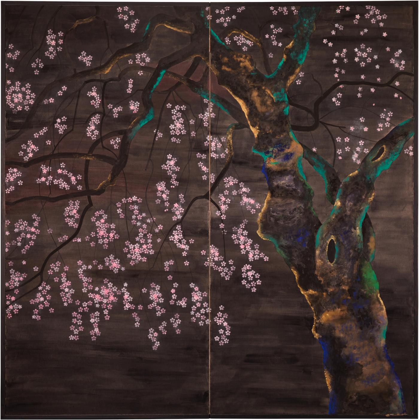 Pair of Two-Panel Screens: Night Viewing of Cherry Blossoms by Firelight