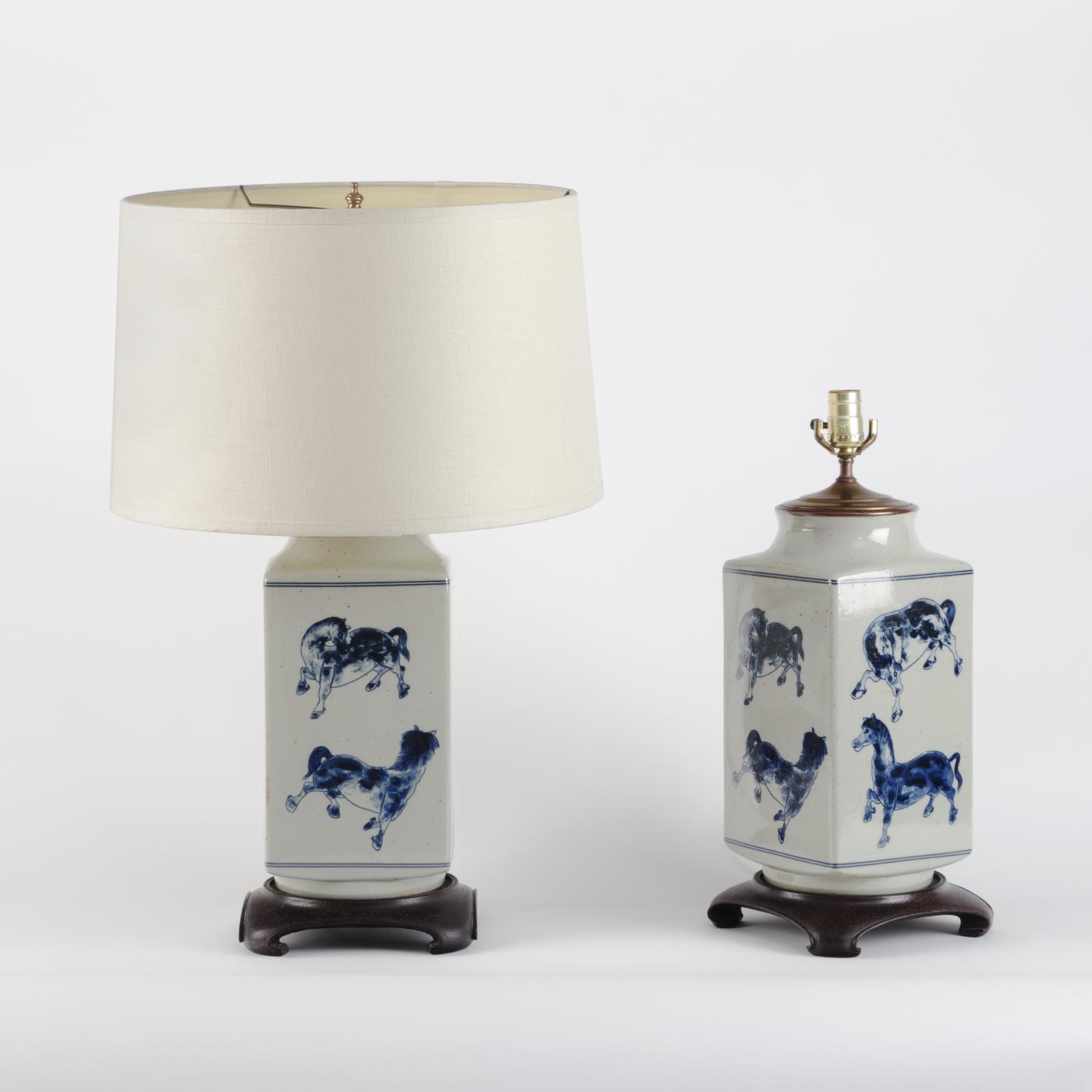 Pair of Unusual Blue and White Lamps, Rectangular Form.