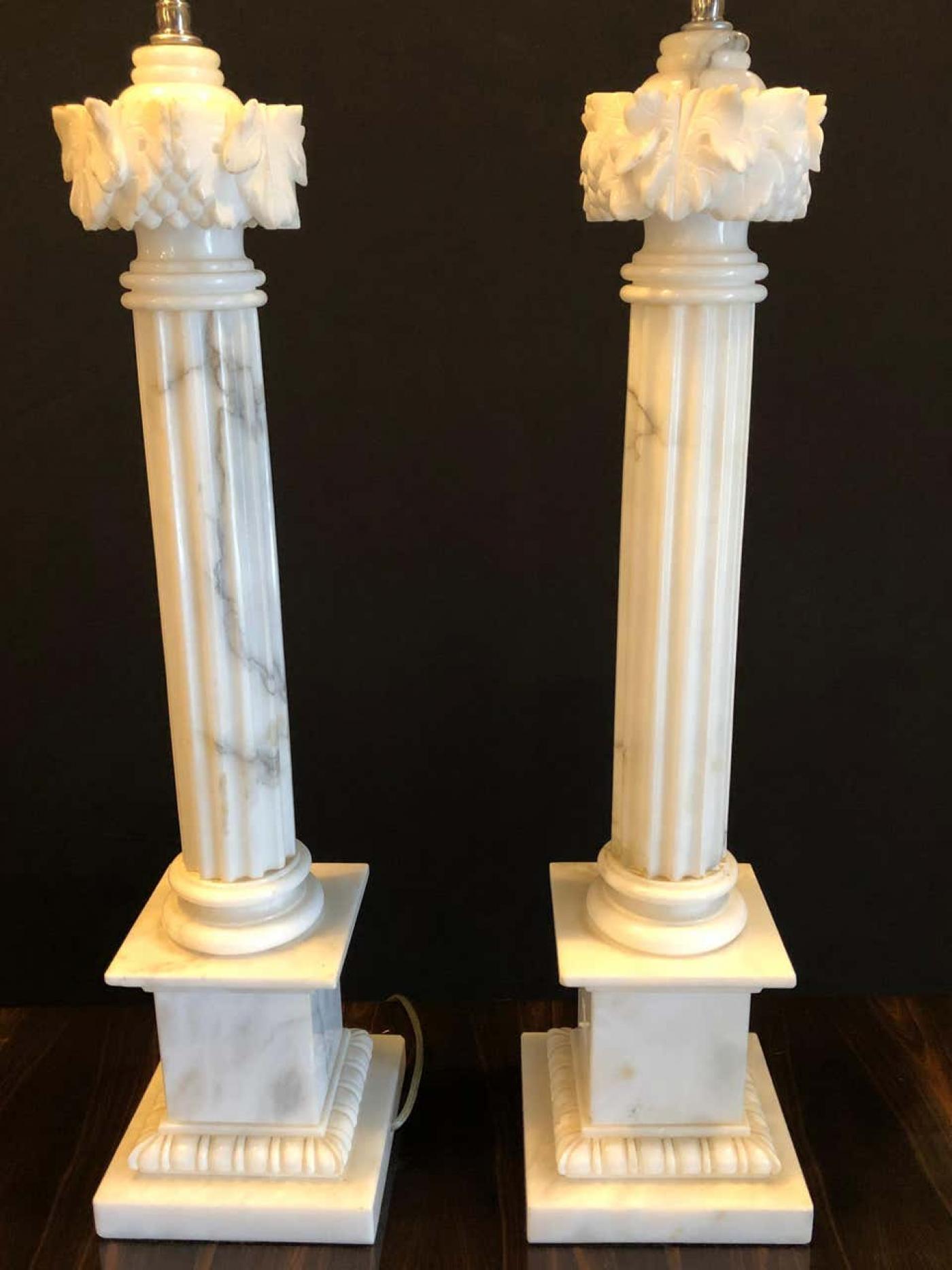 Pair of White and Grey Veined Column Marble Table Lamps with Custom Shades