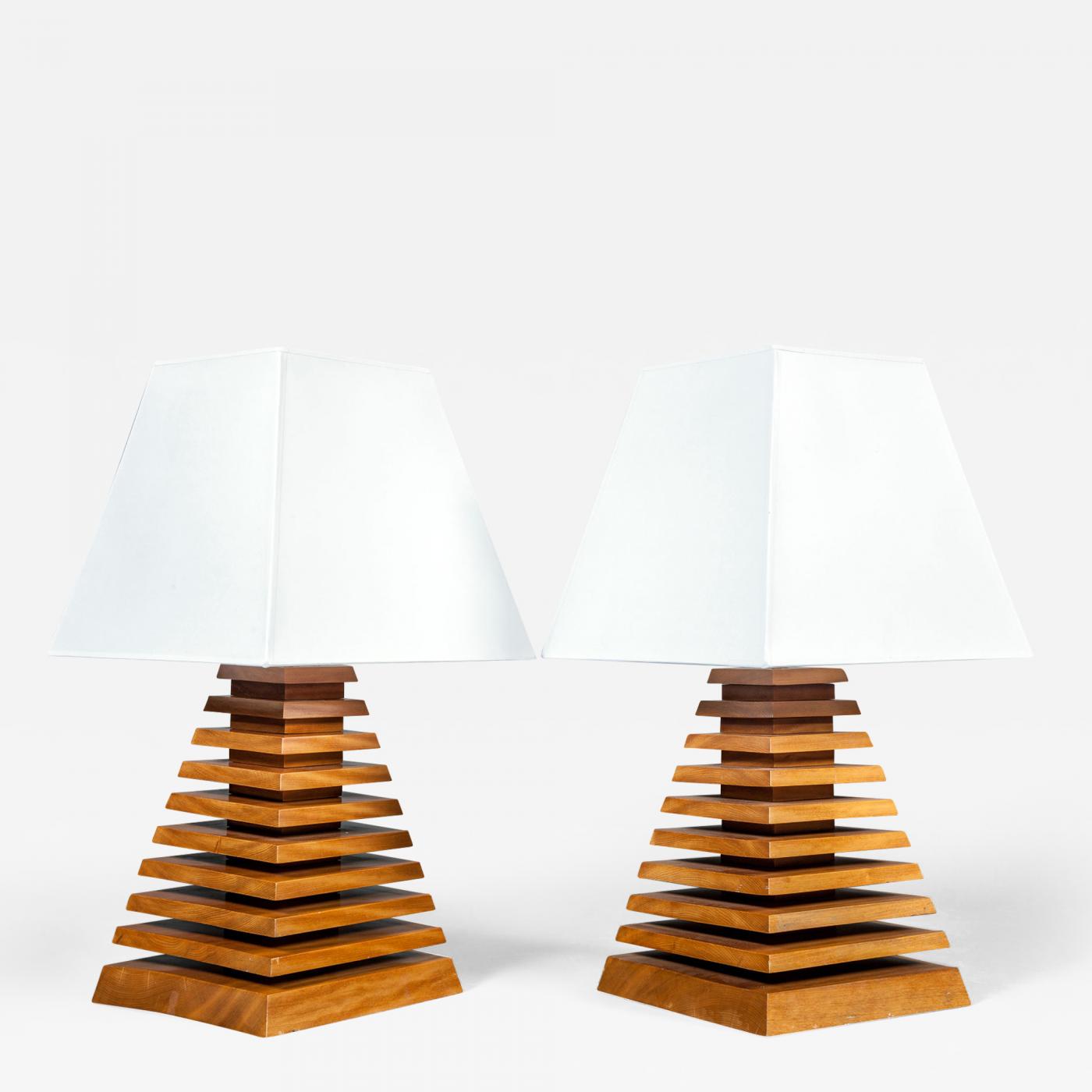 Pair of Wood Pyramid Shaped Lamps