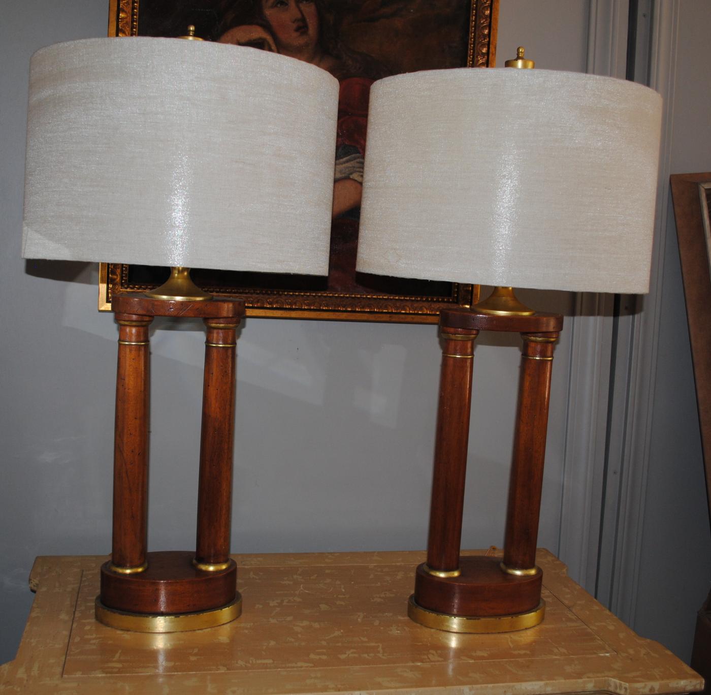 Pair of regency walnut pillar table lamps