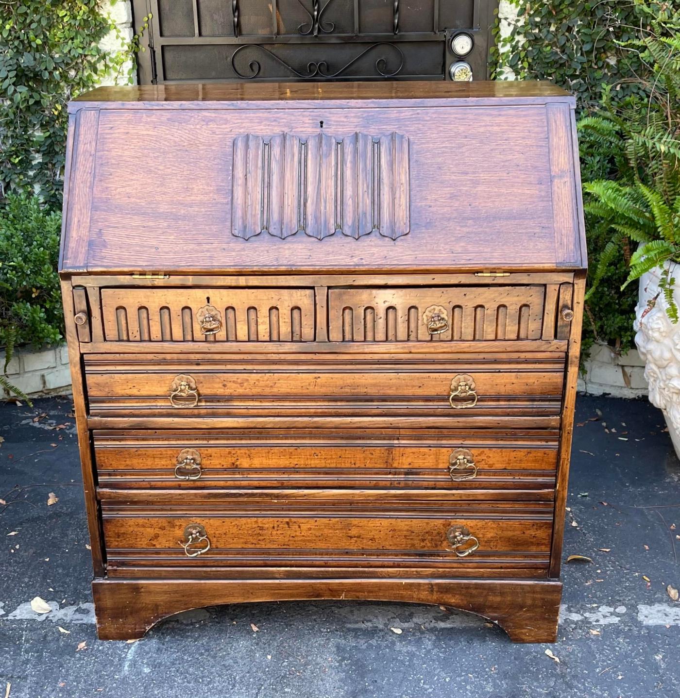 Pierre Deux French Country Oak Linen Fold Secretary Desk