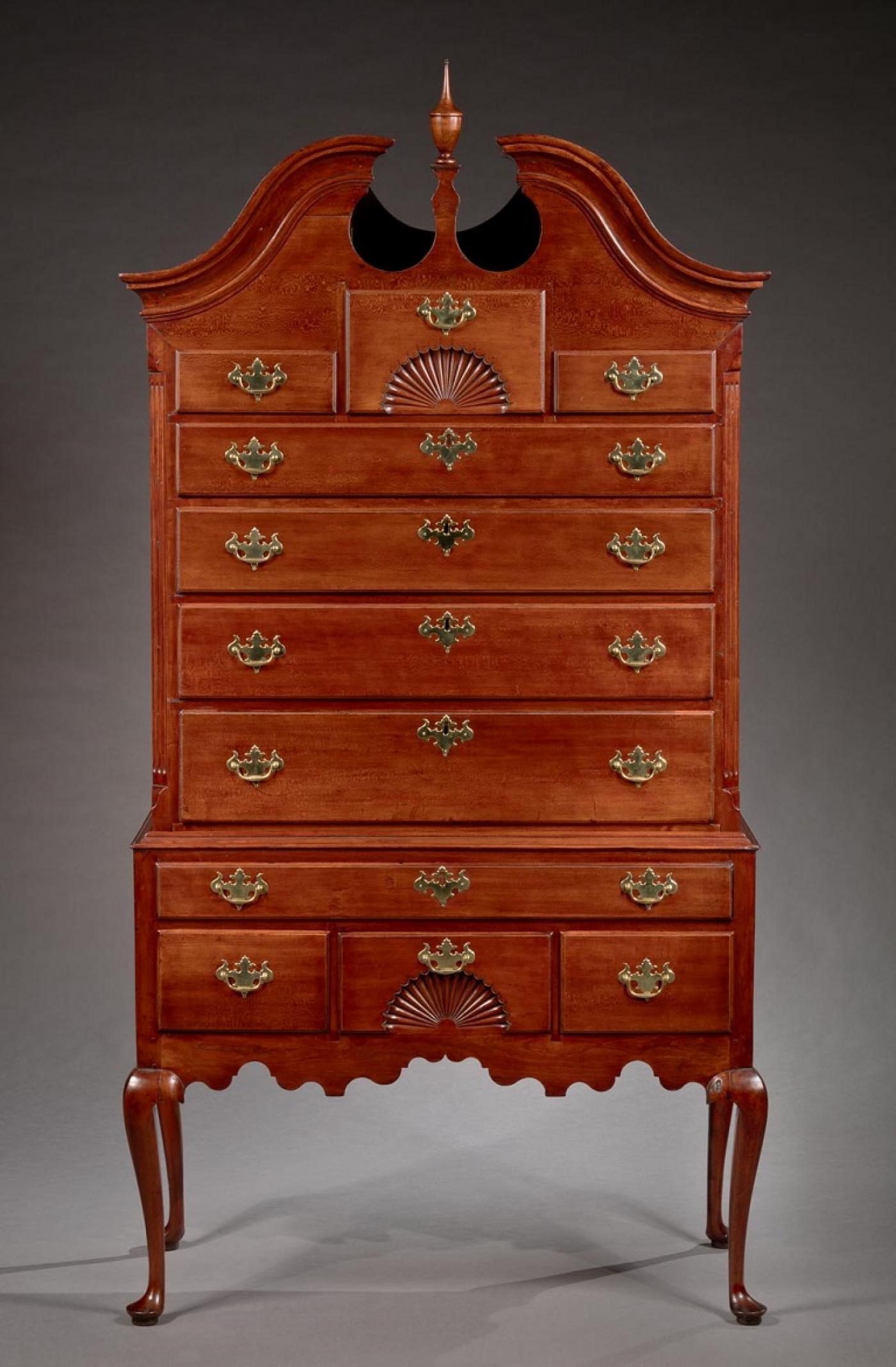 QUEEN ANNE BONNET TOP HIGHBOY WITH TWO CARVED FANS AND CHAMFERED CORNERS