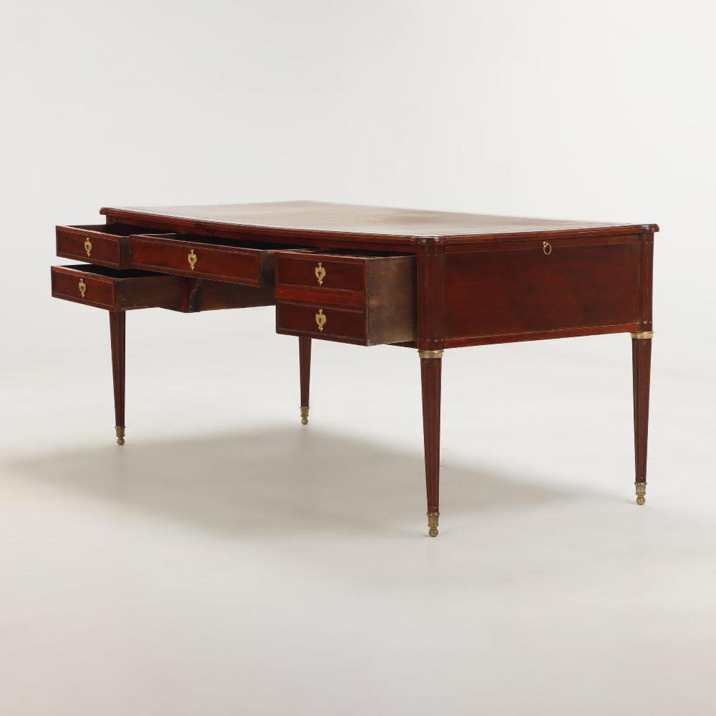 Quality French mahogany leather top writing desk circa 1890.