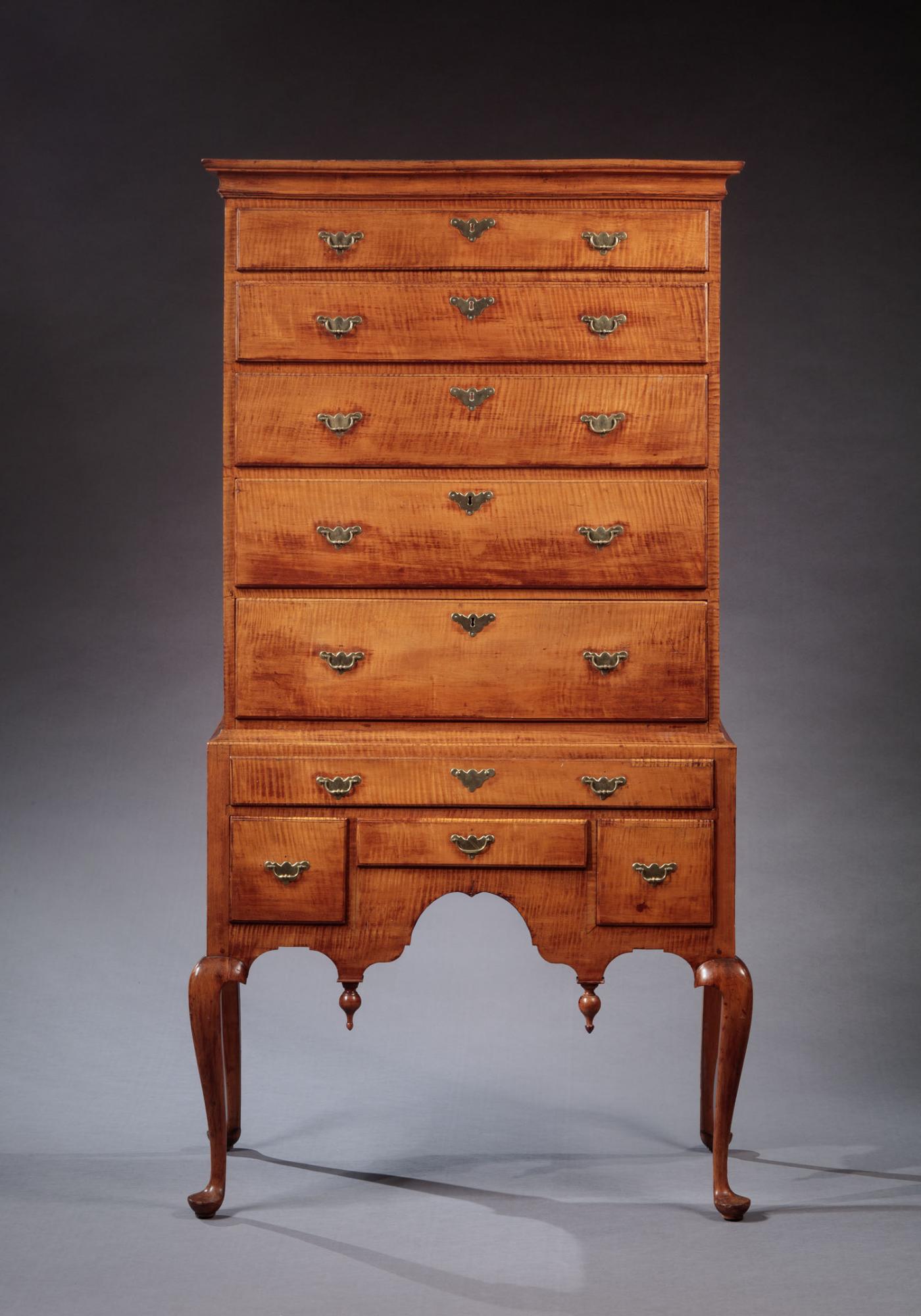 RARE CURLY MAPLE QUEEN ANNE FLAT TOP HIGHBOY