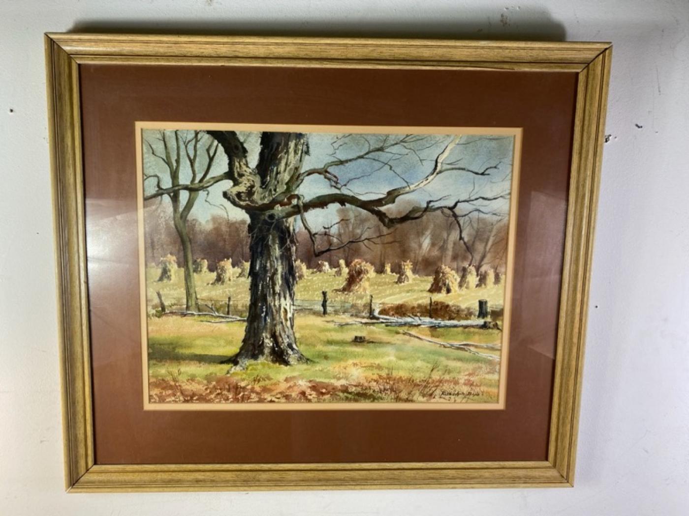 Ranulph (De Bayeux) Bye - DRAMATIC RED MAPLE AND CORN SHOCKS WATERCOLOR ...