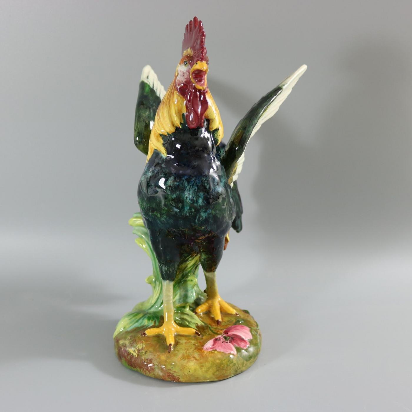 Rare Delphin Massier Majolica Crowing Rooster Figural Vase