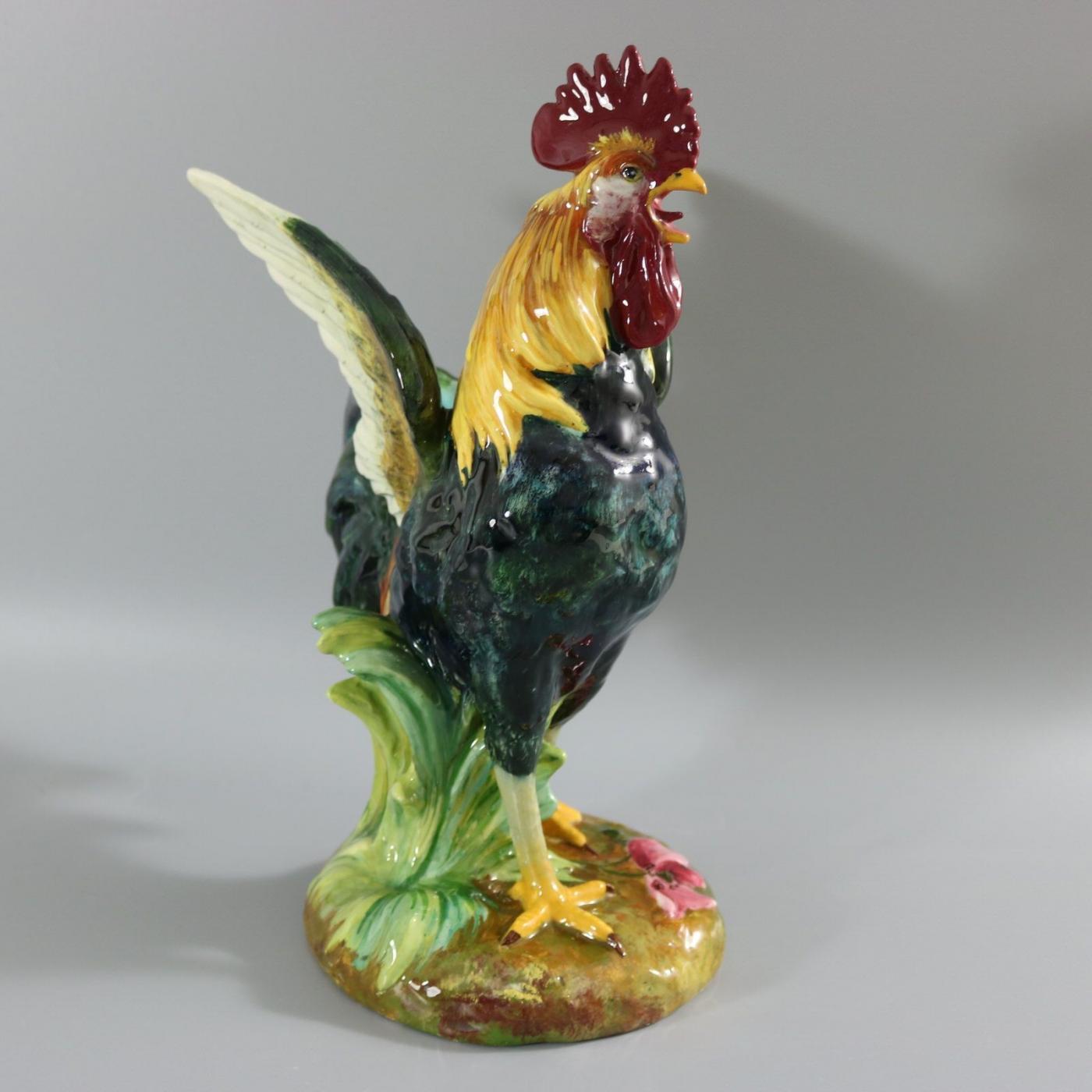 Rare Delphin Massier Majolica Crowing Rooster Figural Vase